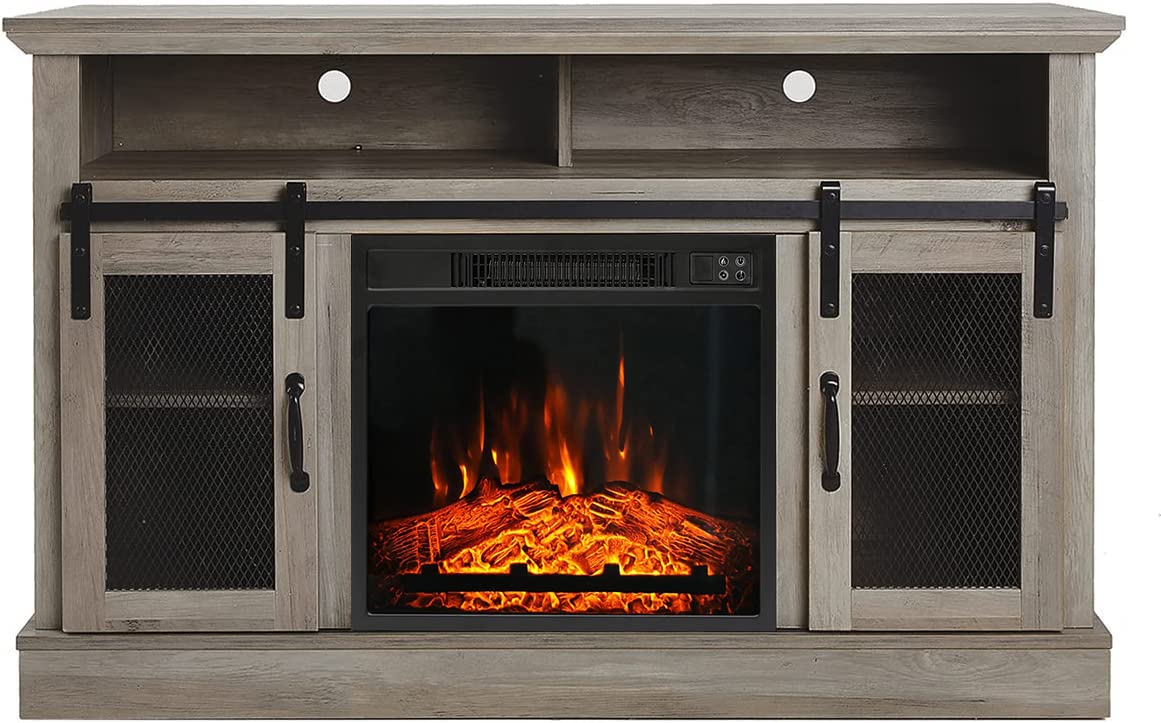 Electric Fireplace TV Stand for Living Room, Wood Entertainment Center Sliding Barn Door, Rustic Farmhouse Media Console with Open Shelves and Cabinets for TV up to 55"