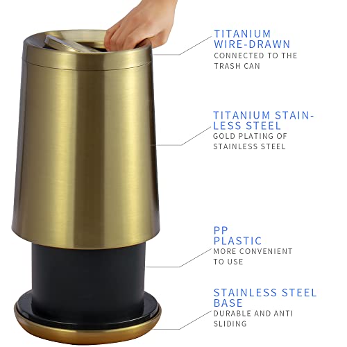 BRIEFHUMAN Household Swing Gold Bathroom Trash Can,Brushed Stainless Steel,10 L/3 Gallen,Garbage Can with Flipping Lid, for Indoor or Commercial Use, Kitchen,Modern,Living Room,Bedroom