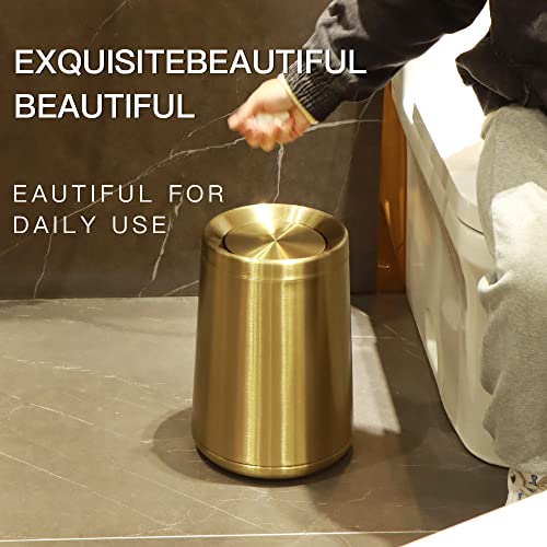 BRIEFHUMAN Household Swing Gold Bathroom Trash Can,Brushed Stainless Steel,10 L/3 Gallen,Garbage Can with Flipping Lid, for Indoor or Commercial Use, Kitchen,Modern,Living Room,Bedroom