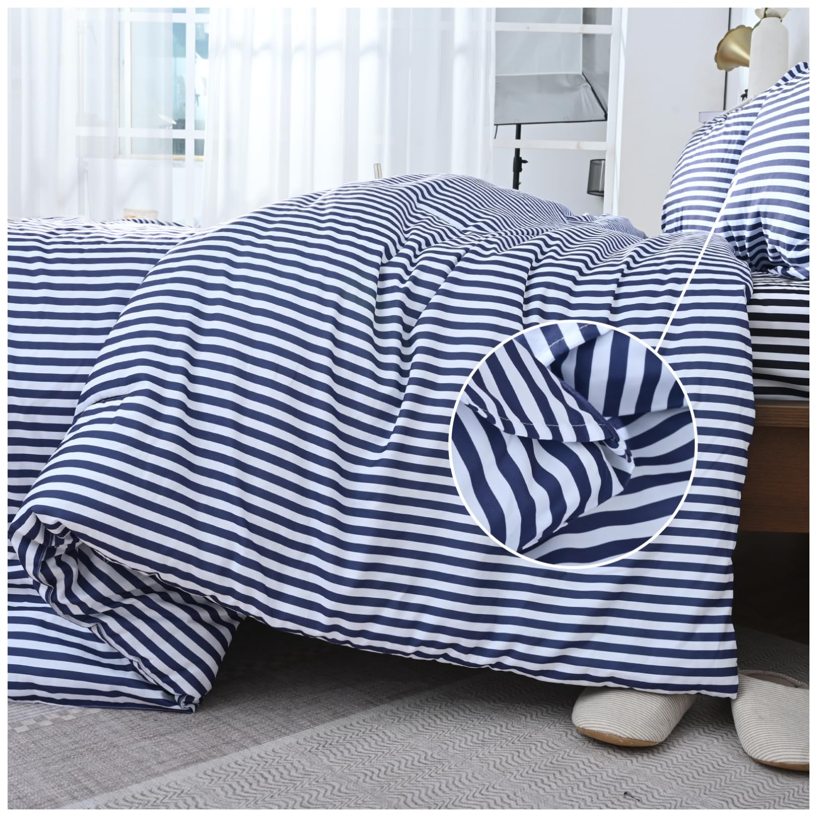 ressber Stripe Comforter Set Bedding Sets Blanket for All Season Soft and Breathable. (Full, Navy Blue)
