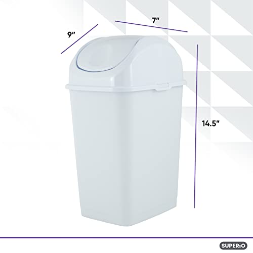 New Superio (2 Pack) Small 2.5 Gallon Plastic Trash Can with Swing Top Lid, Waste Bin for Under Desk, Office, Bedroom, Bathroom- 10 Qt (White)