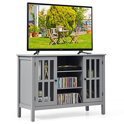 KOTEK Wooden TV Stand, Console Table with Open Shelves and 2 Tempered Glass Doors, TV Cabinet Entertainment Center for TVs up to 50", Storage Cabinet for Entryway, Living Room (Grey)