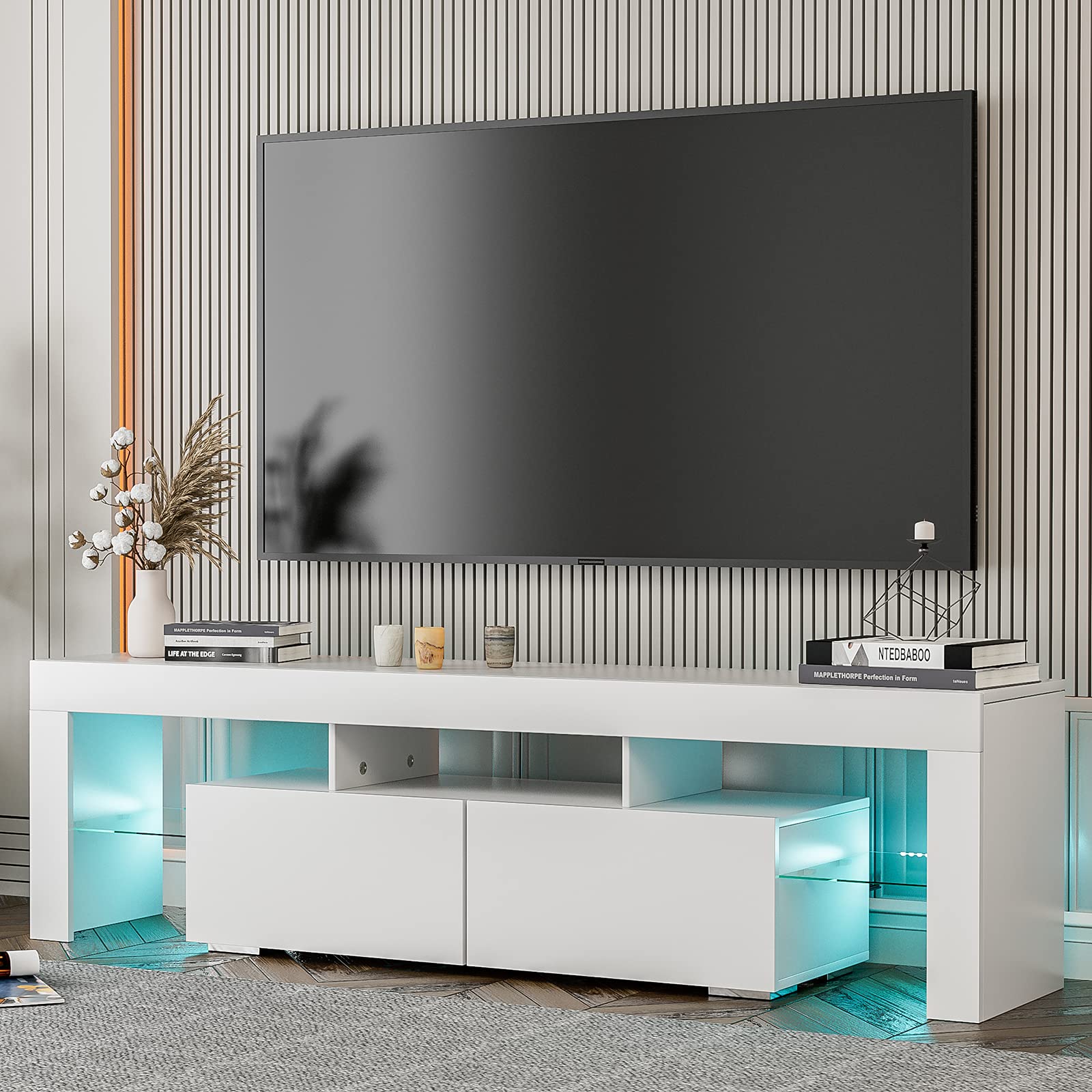 IKIFLY White Stand for 65+ inch TV, Modern LED TV Stand w/16 Colors&Remote Control Lights, High Glossy Cabinet w/Storage&2 Drawer, Entertainment Center for Living Room