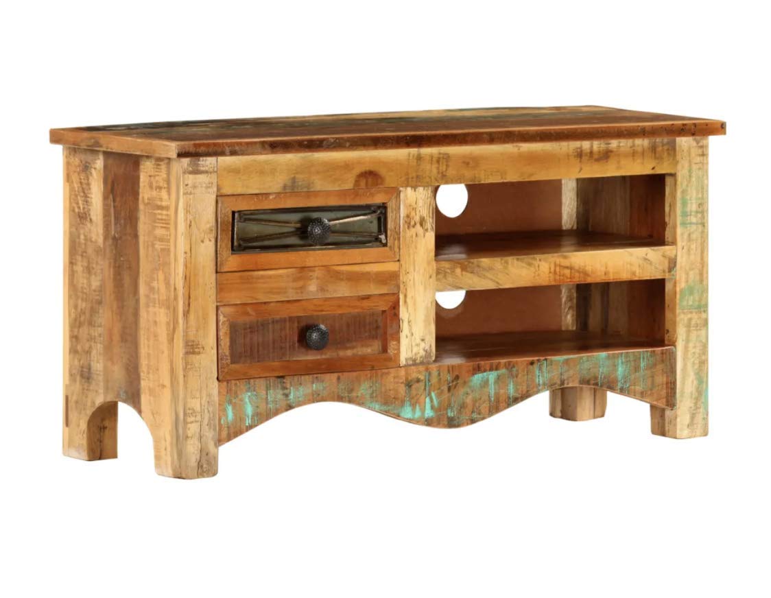 Rustic TV Stand Industrial Vintage Furniture Small Media Storage Cabinet Solid Wood Unit Antique Indian Sideboard Retro Side Low board 2 Drawers 1 Shelf Wooden Farmhouse Style Modern Large Living Room
