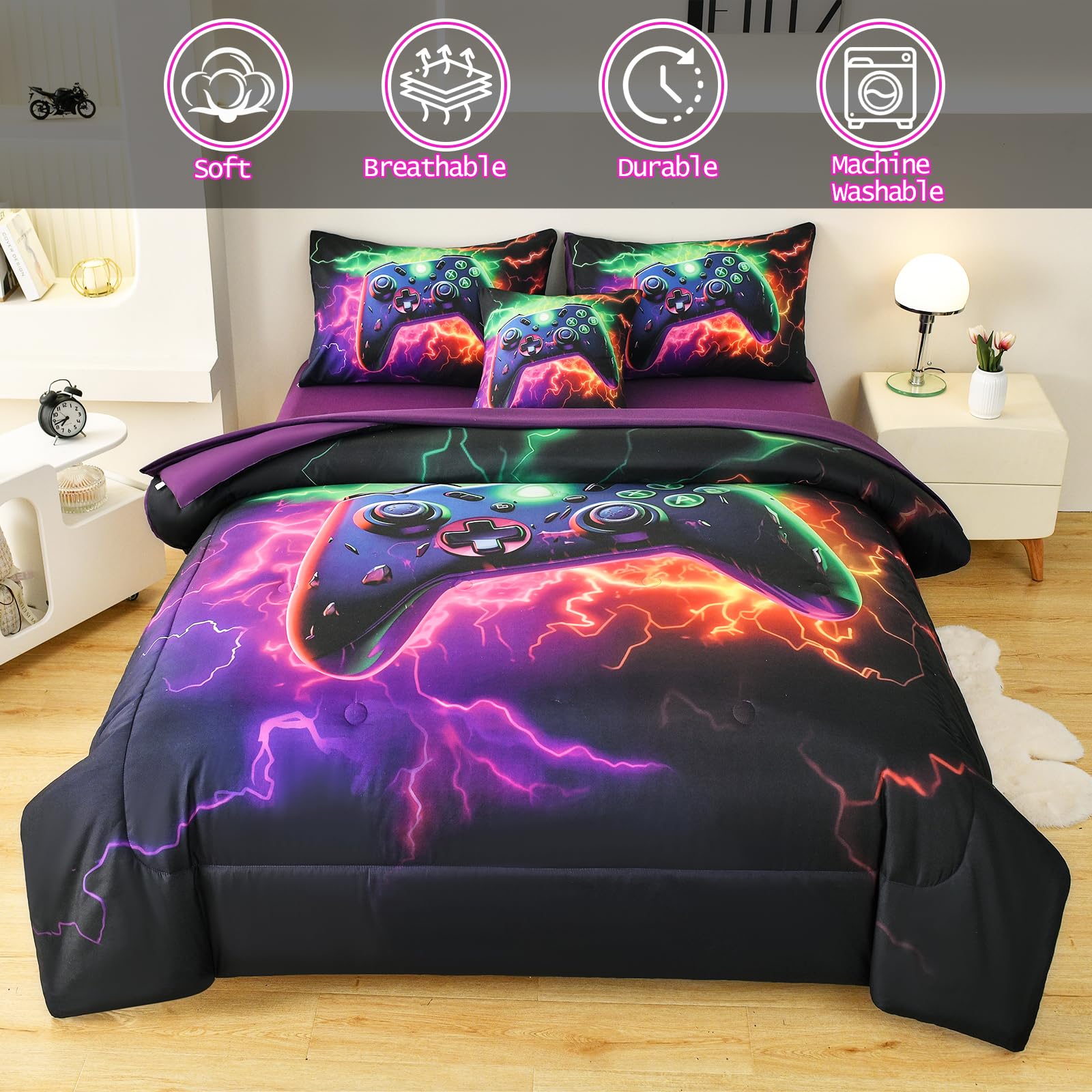 DORCAS Full Gaming Comforter Set for Boys,6 Pcs Gamer Bedding Set Full Size Sheets and Comforter Set for Boys Kids Teen(Purple,Full)