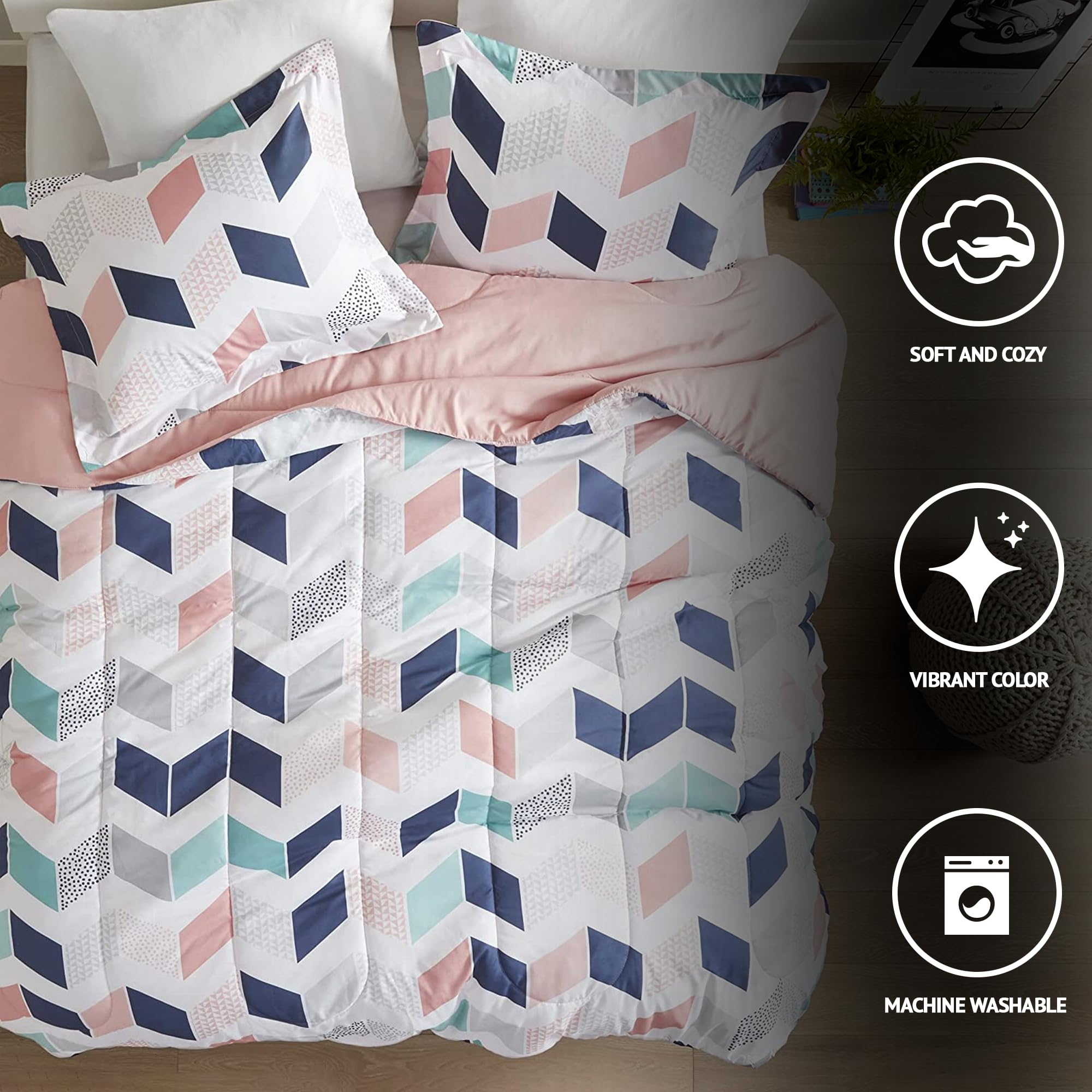 Comfort Spaces Kylar Cozy Comforter Set, Vibrant Chevron Ruching Design with Solid Reverse, All Season Down Alternative Bedding with Matching Sham, Twin/Twin XL (66 in x 90 in), Multi/Blush 2 Piece