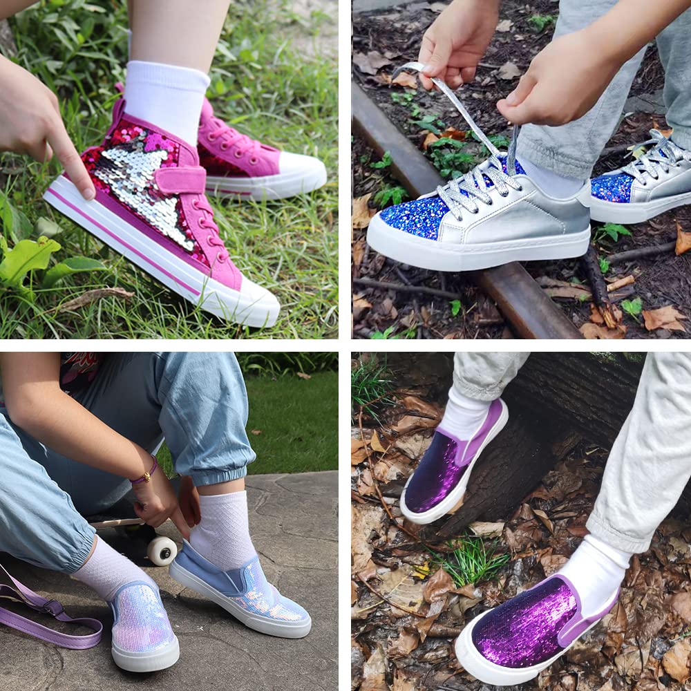Toandon Girls Kids Sneakers Glitter Canvas Shoes Sparkle High Top Toddler Child Adjustable Hook Loop Straps Velcro Non Slip Lightweight Walking Outdoor Sequins Pink White Size 2