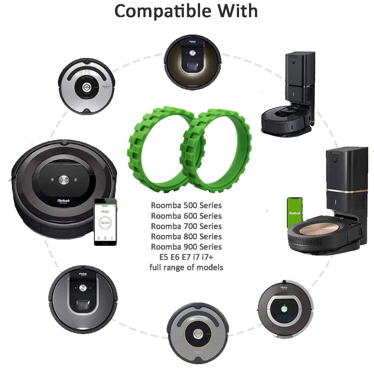 Ashineme Tires Compatible with Irobot Roomba Wheels Series, Anti-Slip, Great Adhesion and Easy Assembly,Replacement for All Roomba Models,Green,1pair