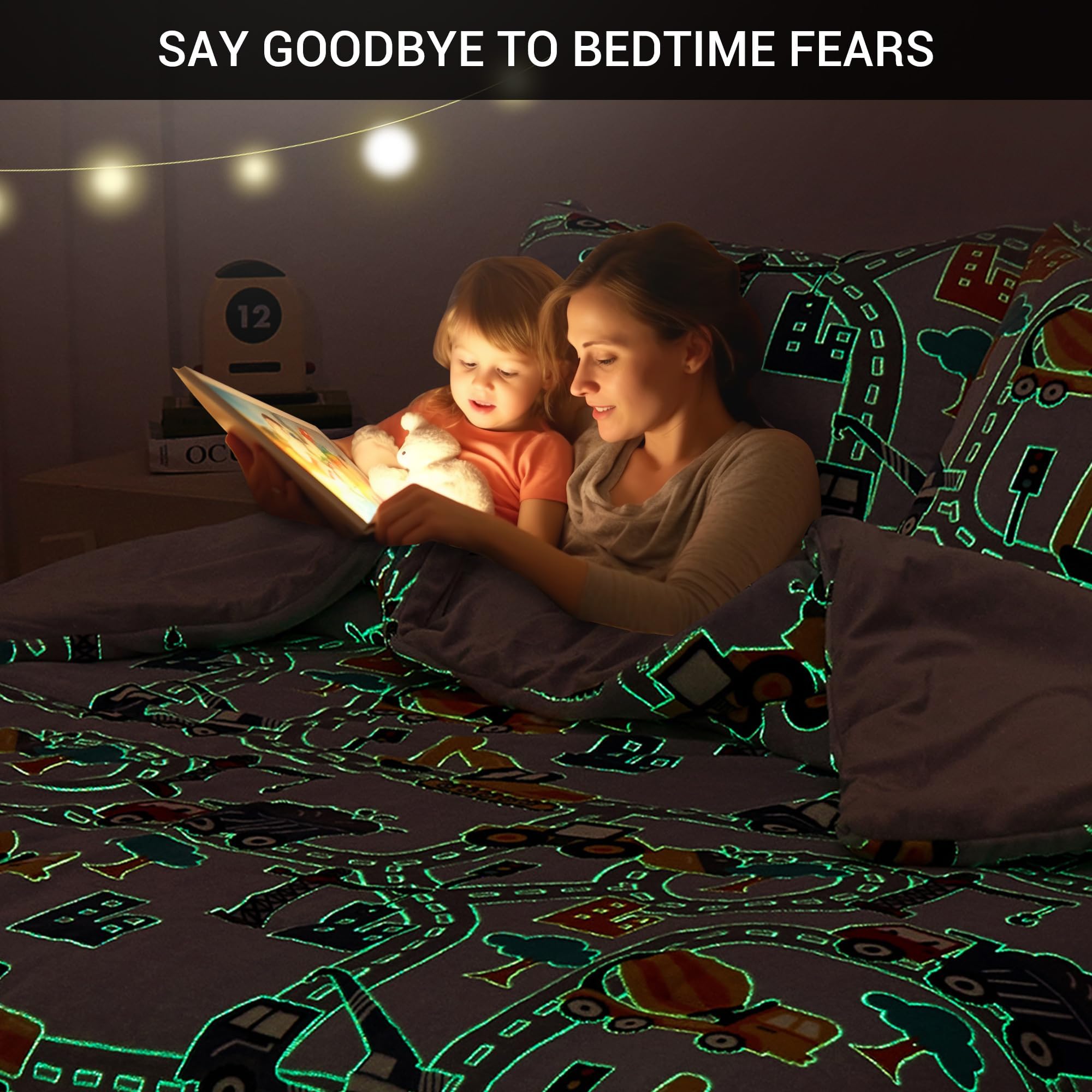 Mooreeke Glow in The Dark Twin Plush Fleece Comforter Bed Set, Soft & Warm 2 Piece Bed in A Bag with Sham, Velour Velvet Grey Excavator Highway Boys Kids Bedding Set, Fluffy Fuzzy Polar Cozy