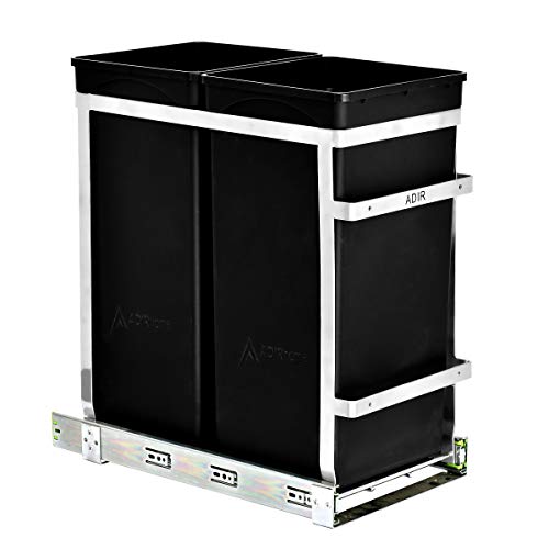AdirHome 36-Liter Dual-Compartment, Under-Counter Trash Can and Recycling Bin Unit - Metal Sliding Shelf with 2 Garbage Bins for Kitchen & Pantry Under Cabinets Compatible with Hinged or Pull Out Door