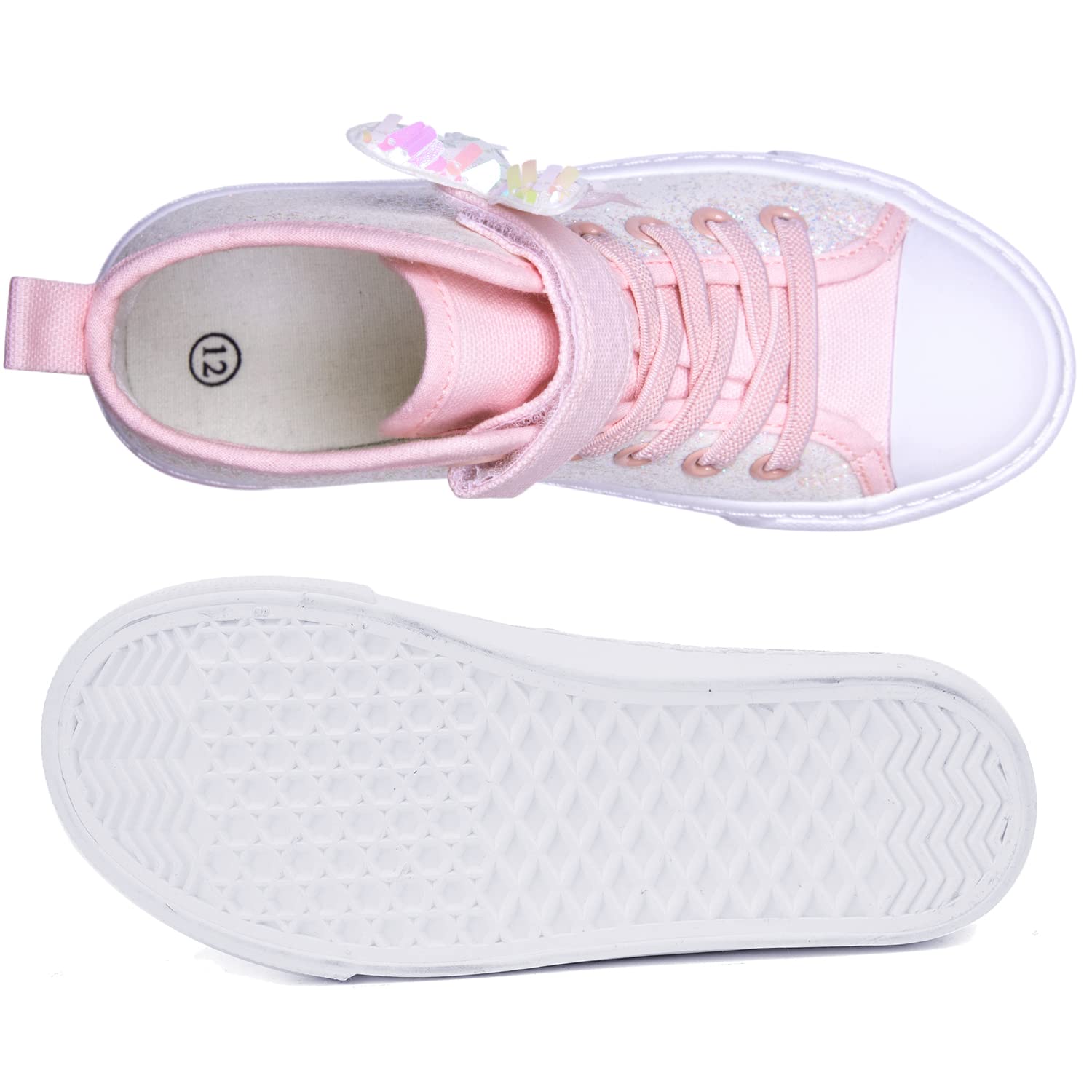 Toandon Girls Kids Sneakers Glitter Canvas Shoes Sparkle High Top Toddler Child Adjustable Hook Loop Straps Velcro Non Slip Lightweight Walking Outdoor Sequins Pink White Size 2