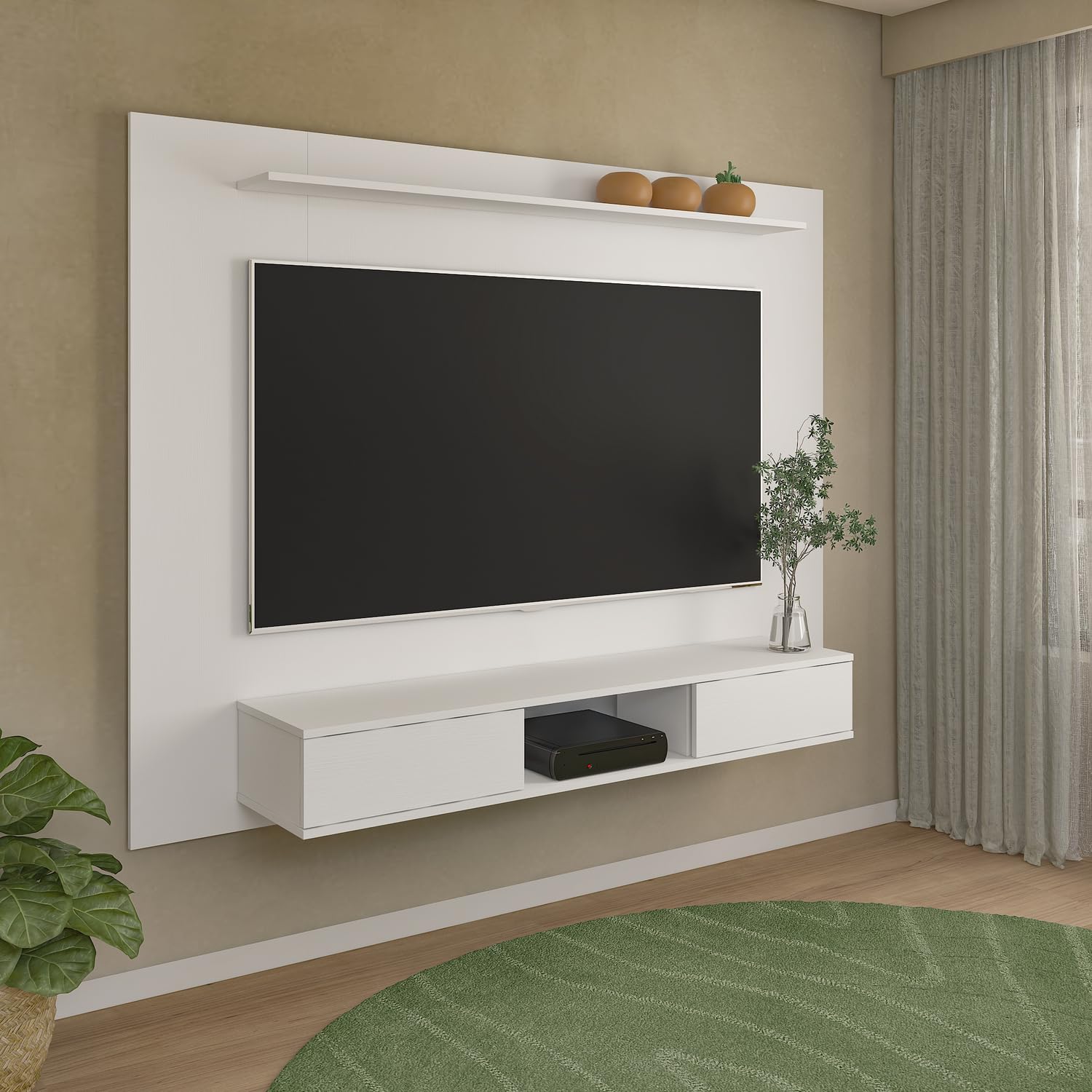 Naomi Home Zola Multi Storage Wall Media Center for up to 70 inch TVs, Entertainment Center with Storage, Floating TV Stand with 2 Sliding Doors and 2 Floating Wall Shelves, UV Painting Finish White