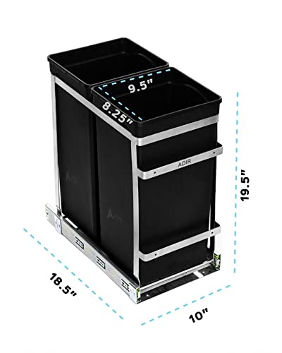 AdirHome 36-Liter Dual-Compartment, Under-Counter Trash Can and Recycling Bin Unit - Metal Sliding Shelf with 2 Garbage Bins for Kitchen & Pantry Under Cabinets Compatible with Hinged or Pull Out Door