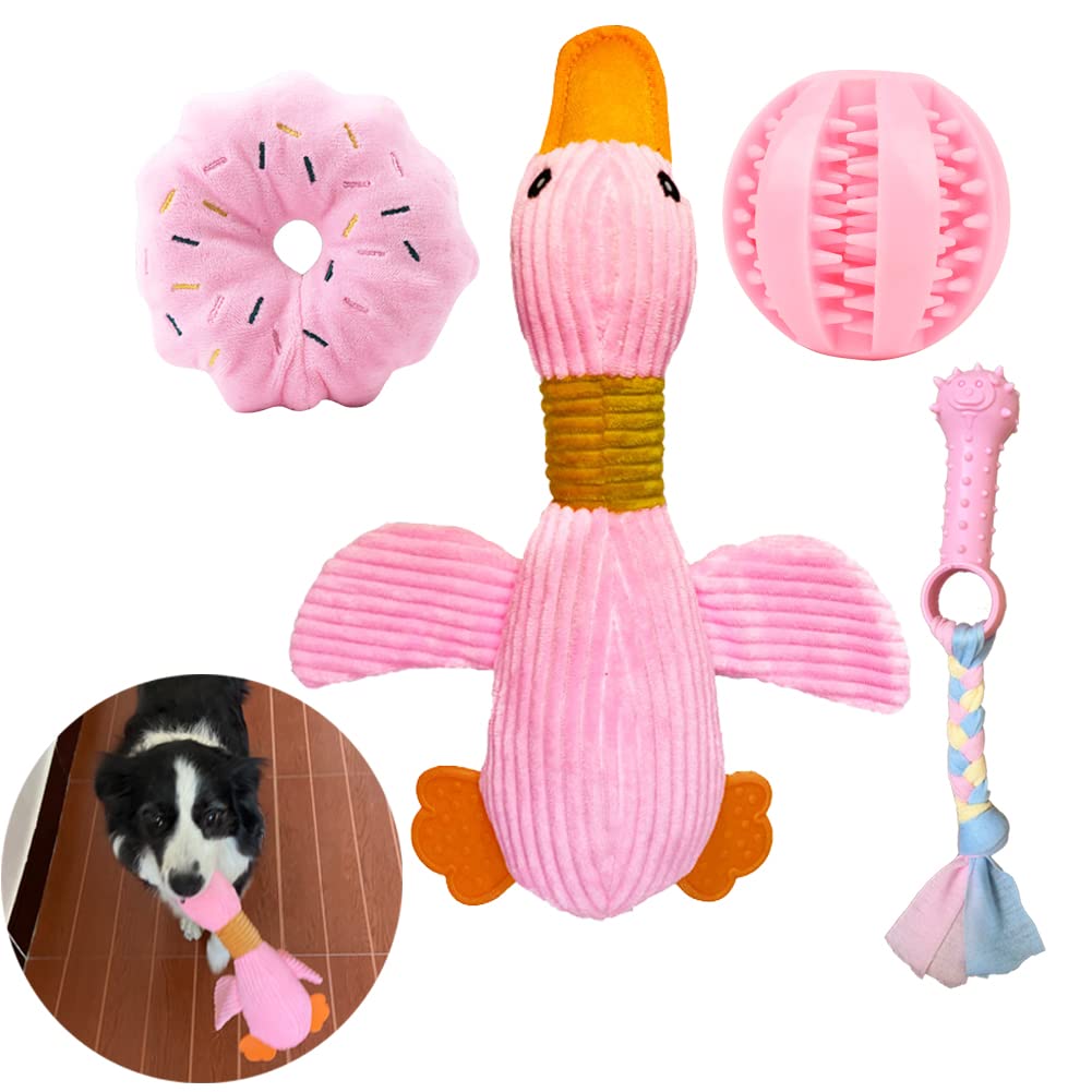Volacopets Large Goose Puppy Toys, Dog chew Toys Squeaky Crinkle Duck for Small Medium Dog Breeds, Puppy Toys for Small Dogs, Puppy chew Teething Toys, Pink, 4 Pack