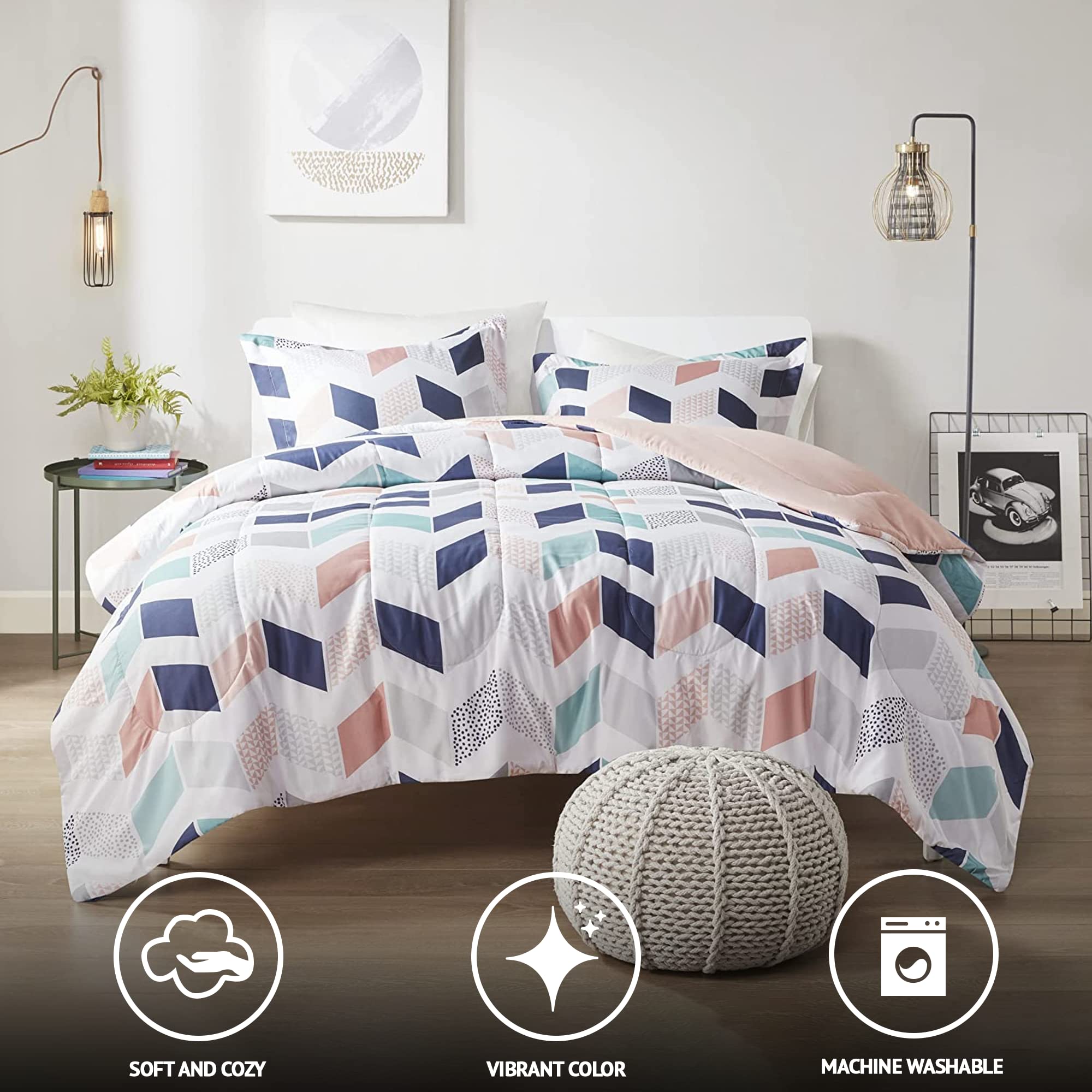Comfort Spaces Kylar Cozy Comforter Set, Vibrant Chevron Ruching Design with Solid Reverse, All Season Down Alternative Bedding with Matching Sham, Twin/Twin XL (66 in x 90 in), Multi/Blush 2 Piece