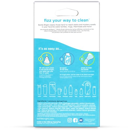 Bottle Bright Single Pack (12 Tablets)- Clean Stainless Steel, Thermos, Tumbler, Insulated and Reusable Water Bottles –Cleaning Tablets are Easy and Safe to Use