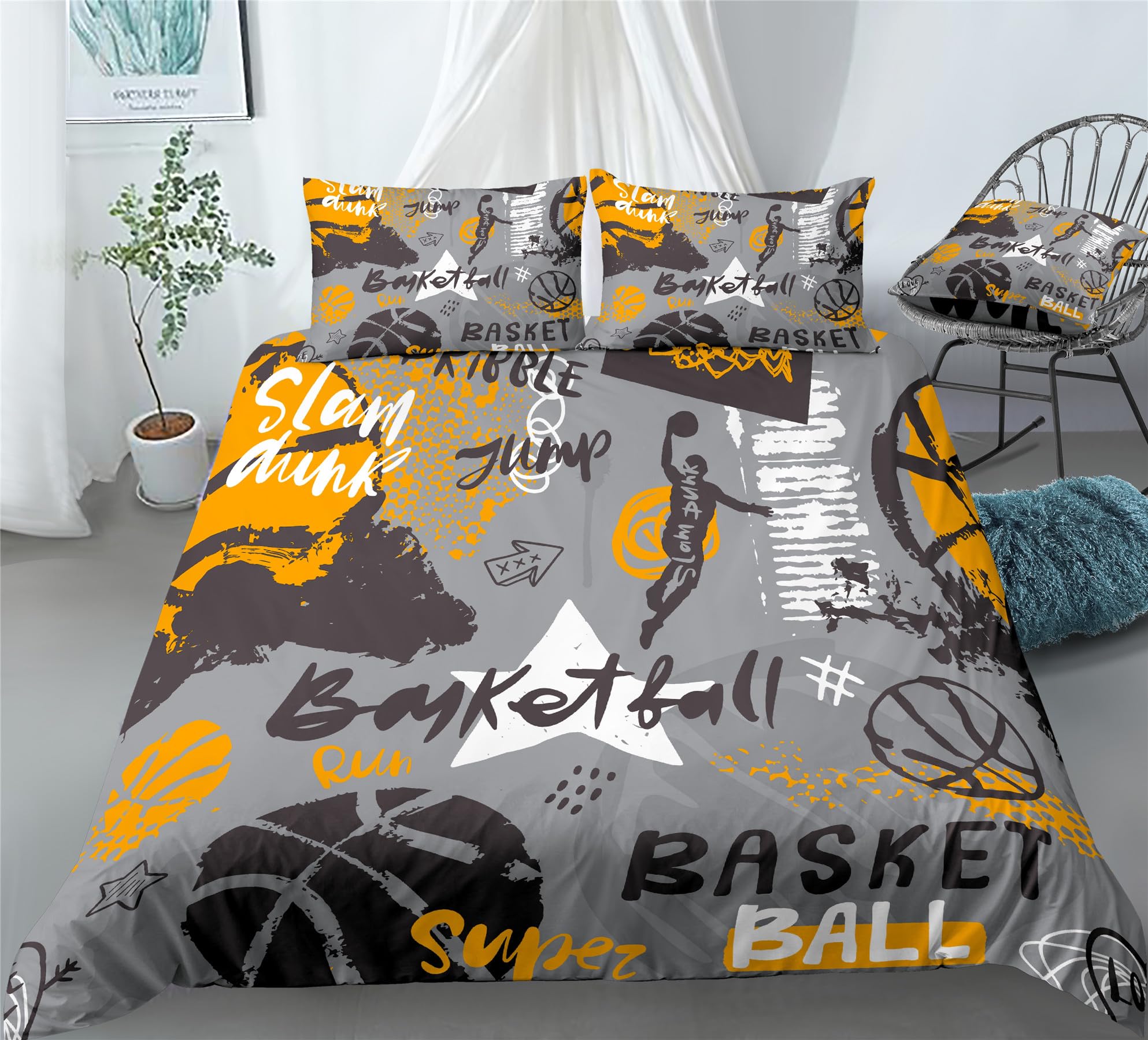 REALIN Basketball Nets Duvet Cover Set Basketball Dunking Bedding Girl Boy Kids Bed Sets 2/3/4PCS Quilt Covers/Sheets/Pillow Shams,Twin/Full/Queen/King (A,Full-200x229cm-3PCS)