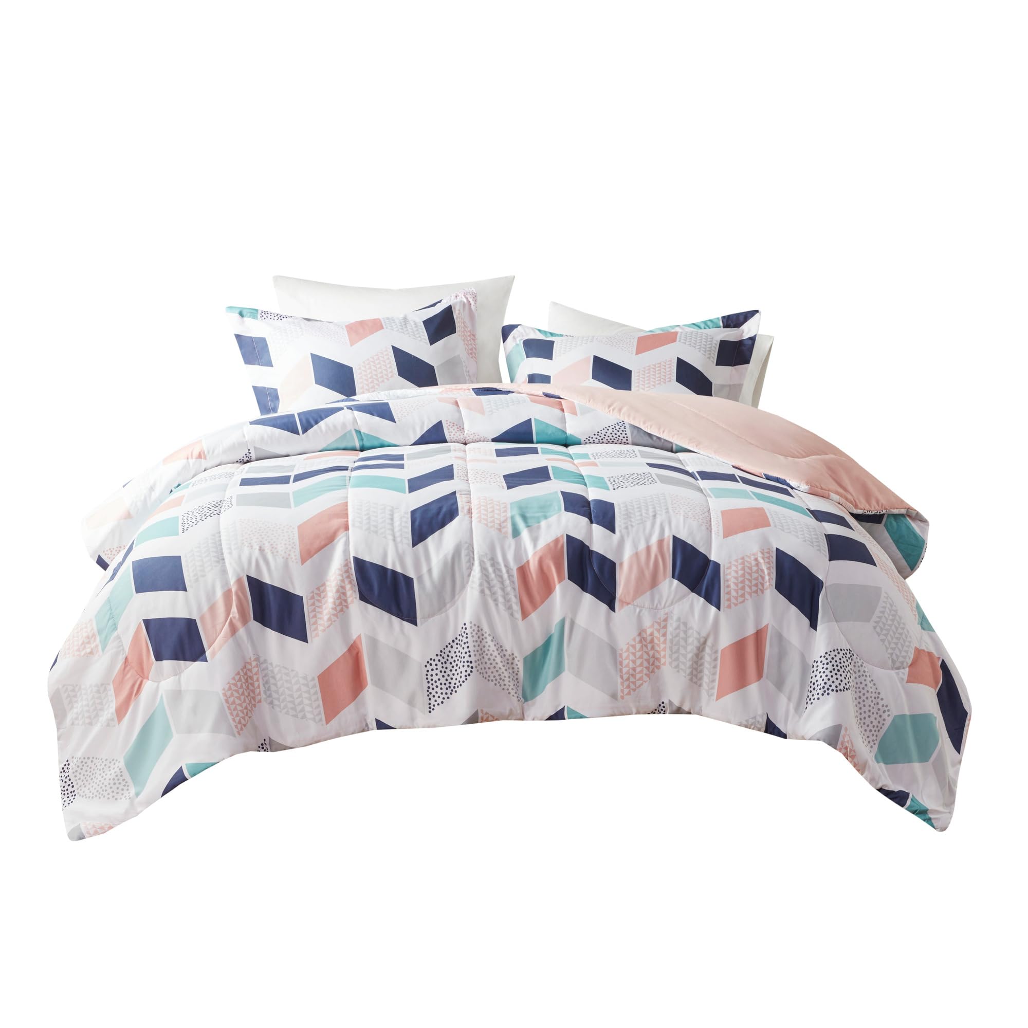 Comfort Spaces Kylar Cozy Comforter Set, Vibrant Chevron Ruching Design with Solid Reverse, All Season Down Alternative Bedding with Matching Sham, Twin/Twin XL (66 in x 90 in), Multi/Blush 2 Piece