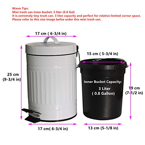 OCTMUSTARD Mini Metal Pedal Bin, Round Step Pet Trash with Lid and Handle, Small Garbage Can Wastebasket for Narrow Spaces at Home, Car or Office, 0.8Gal/3L, White 9" X 6.75" X 11.25"