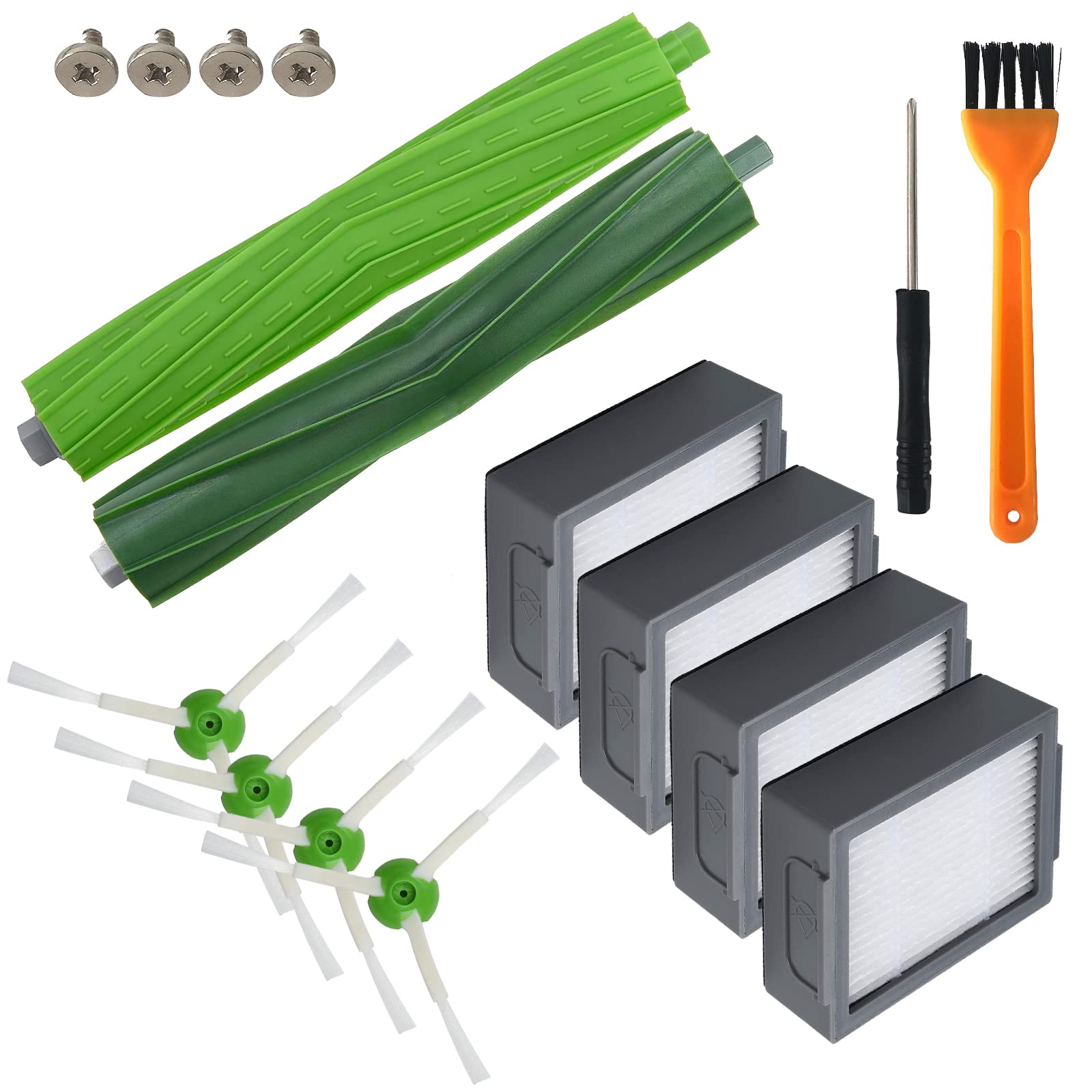 Gingor Replacement Parts Accessories Compatible with iRobot Roomba i3 i3+ i4 i6 i6+ i7 i7+ i8 i8+/Plus E5 E6 E7 I,E & J Series Vacuum Cleaners, 1 Set of Rubber Brushes 4 HEPA Filters 4 Side Brushes