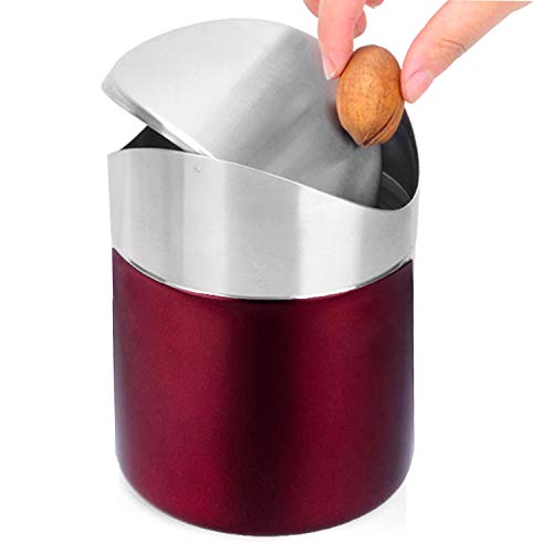 JILLICK Mini Trash Can with Lid, Brushed Stainless Steel Small Tiny Mini Trash Bin Can, Mini Countertop Trash Cans for Desk Car Office Kitchen, Swing Top Trash Bin 1.5 L/0.40 Gal (Red)