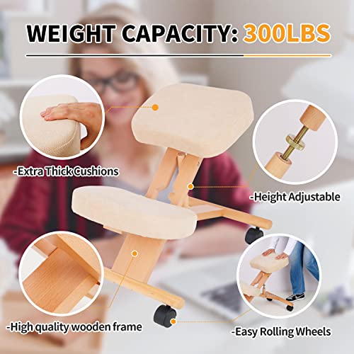 OXFIELD Ergonomic Kneeling Chair,Adjustable Kneeling Stool for Home and Office,Wooden Kneeling Chair with 3”Thick Comfortable Cushions& Smooth-Moving Wheels