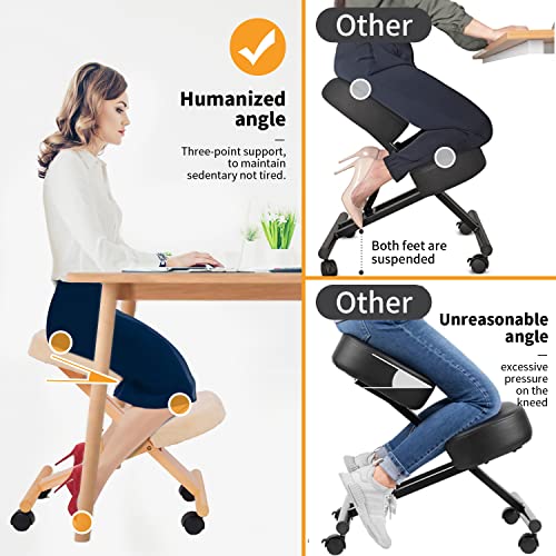 OXFIELD Ergonomic Kneeling Chair,Adjustable Kneeling Stool for Home and Office,Wooden Kneeling Chair with 3”Thick Comfortable Cushions& Smooth-Moving Wheels