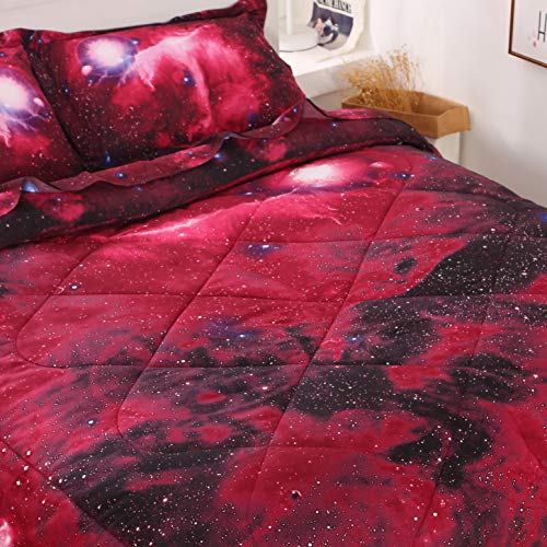 Wowelife Galaxy Bedding Twin Space Bedding Set Red 5 Piece Twin Comforter Set with Comforter, Fitted Sheet and 2 Pillowcases