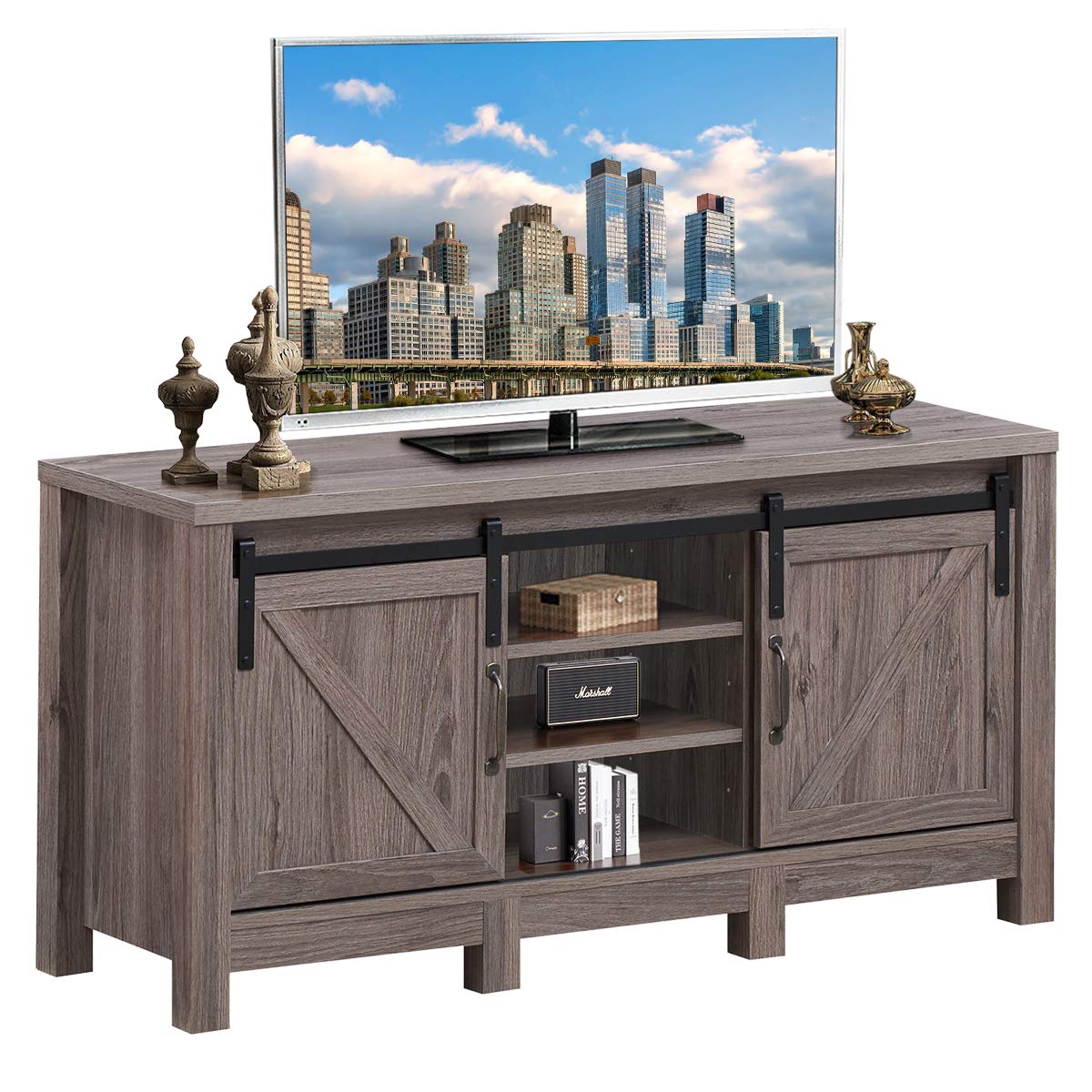 Tangkula TV Stand with Sliding Barn Doors, Modern Farmhouse Wood Entertainment Center for 55 Inch TV, Media Console Cabinet w/Storage Cabinets & Adjustable Shelves, Grey TV Stands for Living Room