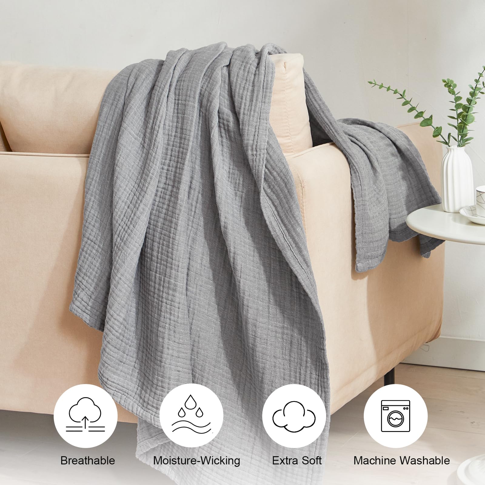 PHF 100% Cotton Muslin Blanket Twin Size 66" x 90", 4-Layer Lightweight and Breathable Blanket for Summer, Luxuriously Soft Gauze Bedding for Bed, Natural Minimalism Style, Ideal Gift, Grey