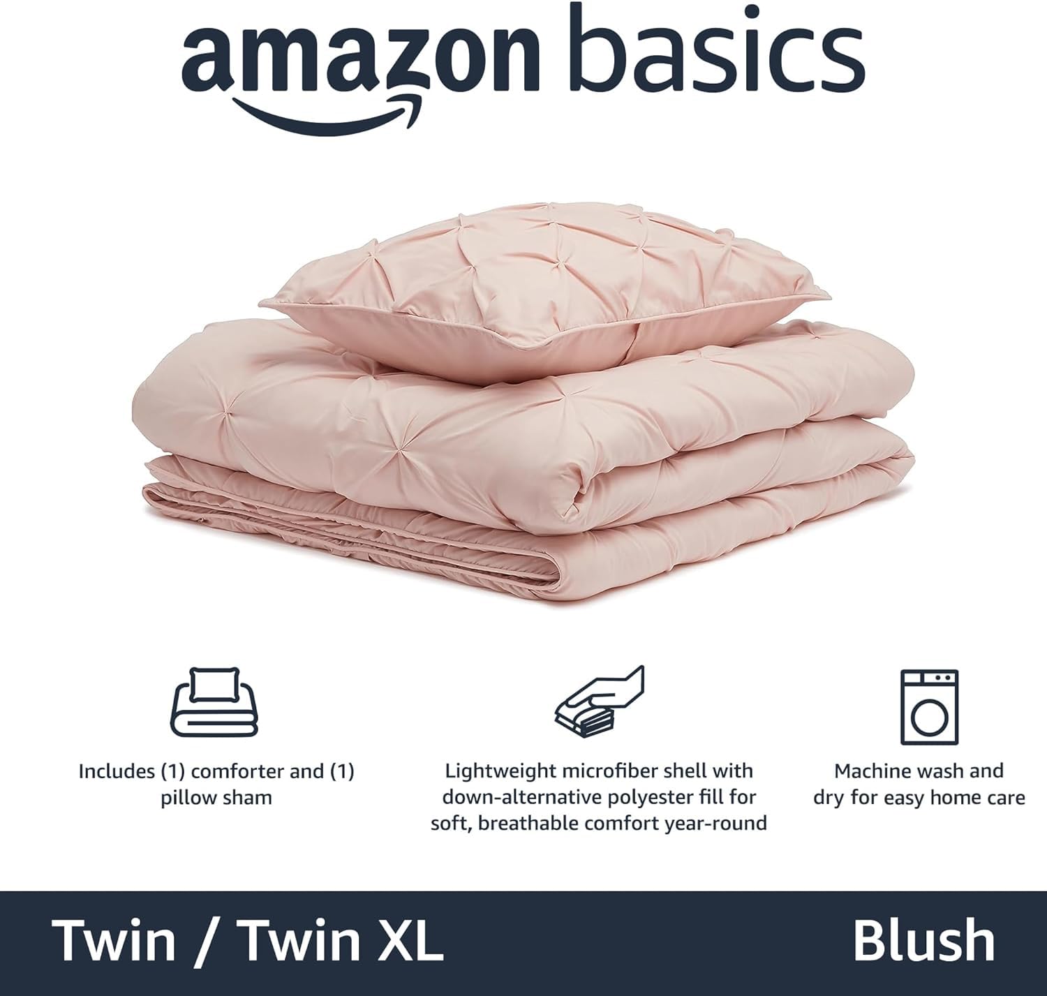 Amazon Basics Soft Twin Size Comforter Sets, All-Season Down-Alternative 3-Piece Bedding Set, Pinch Pleat Design, Twin/TwinXL Size, Blush