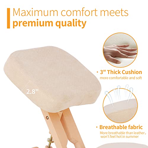 OXFIELD Ergonomic Kneeling Chair,Adjustable Kneeling Stool for Home and Office,Wooden Kneeling Chair with 3”Thick Comfortable Cushions& Smooth-Moving Wheels