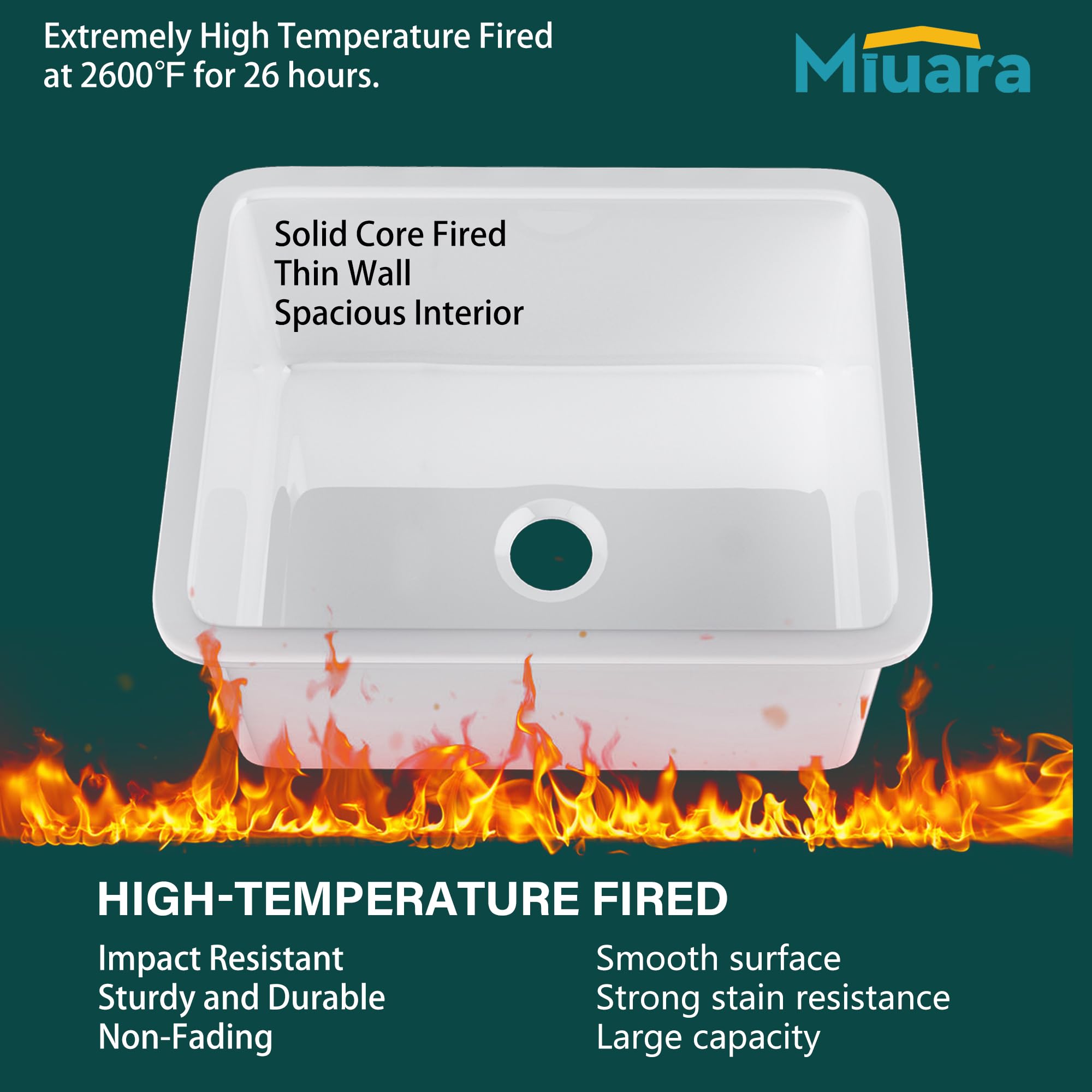 Miuara White Undermount Kitchen Sink 24 Inch - Small Topmount Wet Bar Sink Drop In 24"x19"x11", Dual Mount, Single Bowl, Fireclay Solid, with 2 Custom Accessories, White, for Kitchen & Laundry