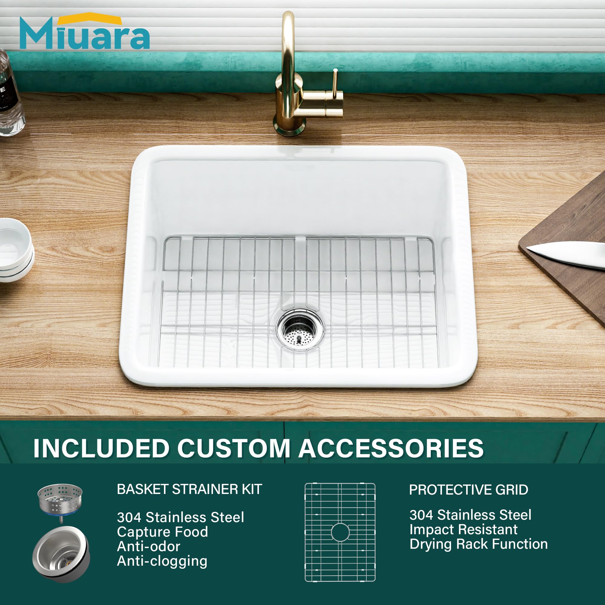 Miuara White Undermount Kitchen Sink 24 Inch - Small Topmount Wet Bar Sink Drop In 24"x19"x11", Dual Mount, Single Bowl, Fireclay Solid, with 2 Custom Accessories, White, for Kitchen & Laundry
