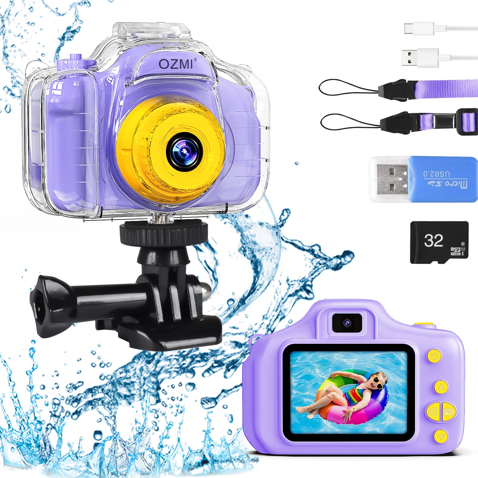OZMI Gifts for 3 4 5 6 7 8 9 Year Old Girls Boys, Kids Selfie Underwater Waterproof Camera, Christmas Birthday Gifts for Toddler, Children Action Video Recorder Camera with 32GB SD Card, Purple