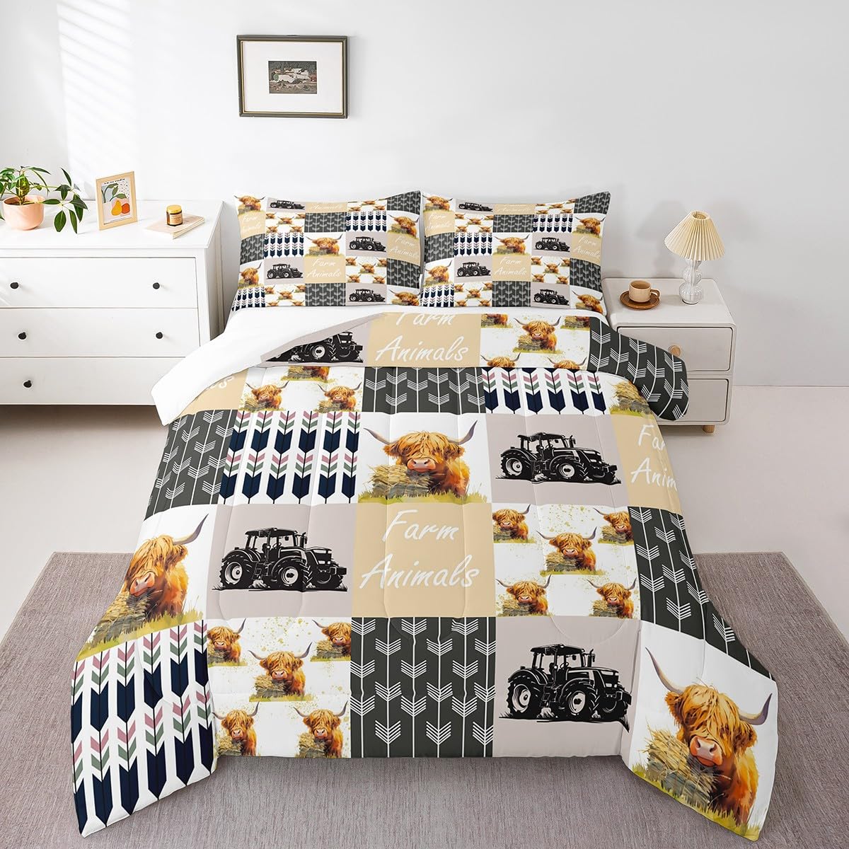 Manfei Highland Cattle Comforter Set Twin Size, Tractor Cows Arrows Patchwork Bedding Set 2pcs for Kids Boys Room Decor, Farm Animals Down Comforter Soft Polyester Quilt Set with 1 Pillowcase