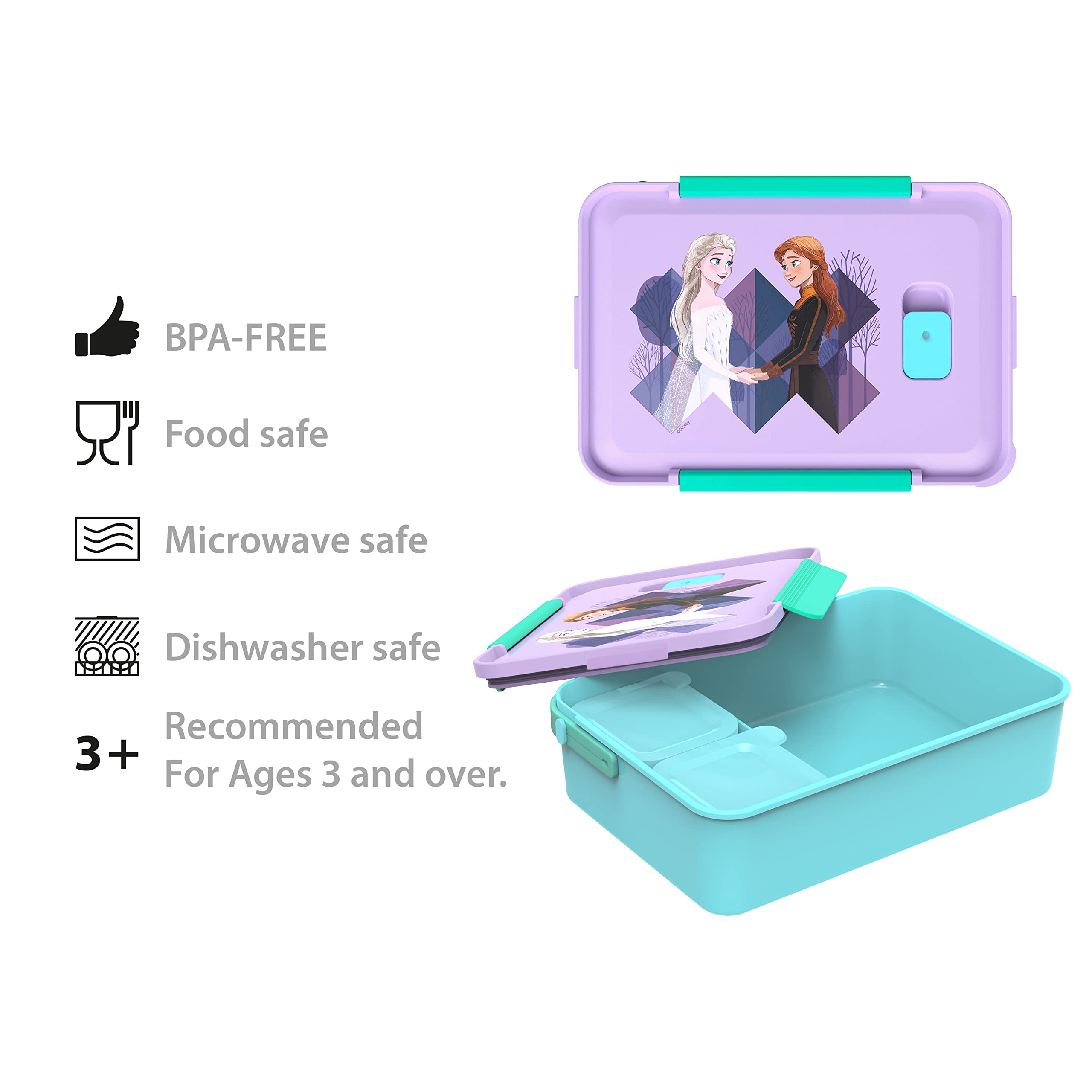 Zak Designs Disney Frozen 2 Reusable Plastic Bento Box with Leak-Proof Seal, Carrying Handle, Microwave Steam Vent, and Individual Containers for Kids' Packed Lunch (3 PCs Set, Anna & Elsa)