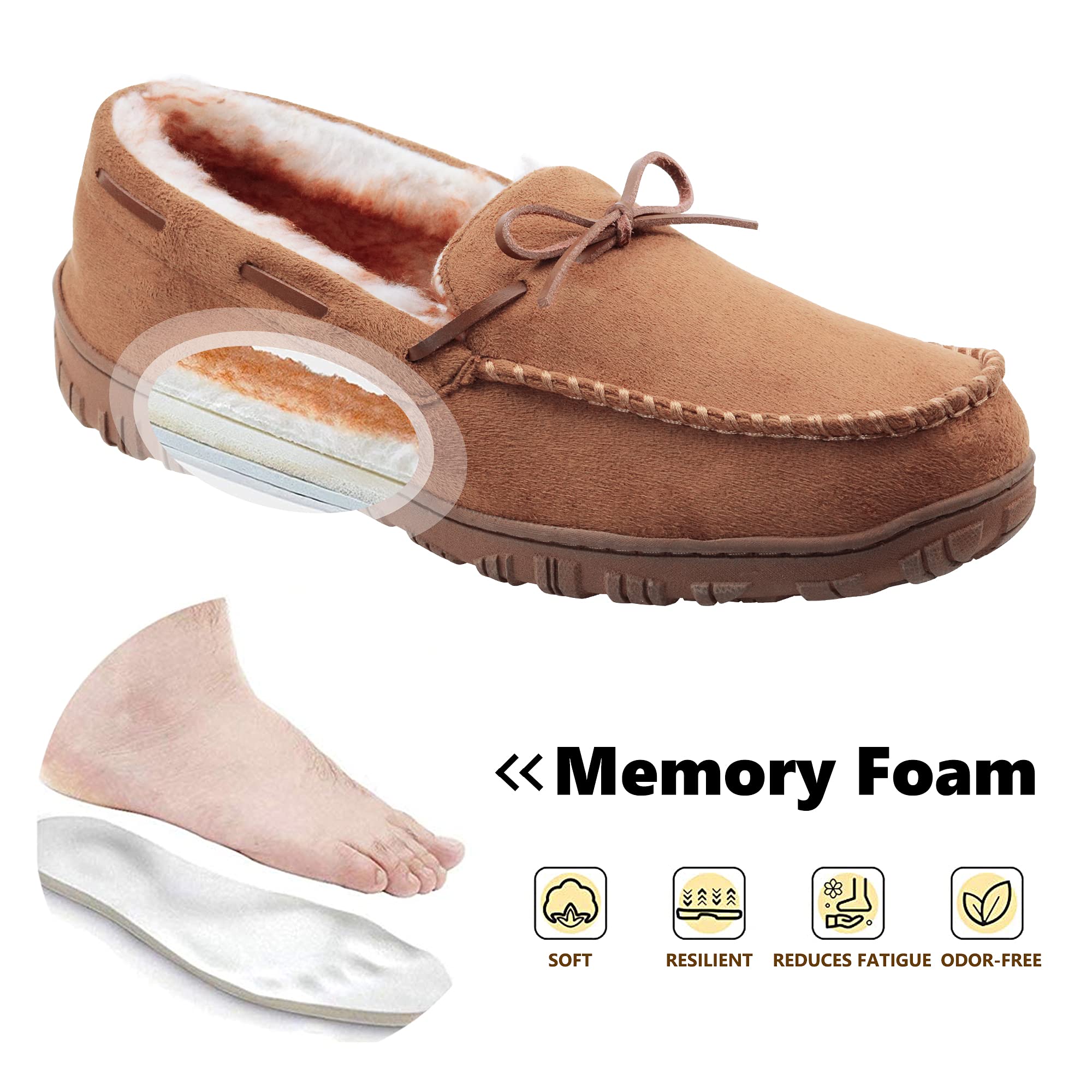 VLLy Slippers for Men Outdoor House Moccasins with Non-Slip Rubber Sole and Memory Foam Comfortable Insole Easy Wear Style Brown Size 11 US