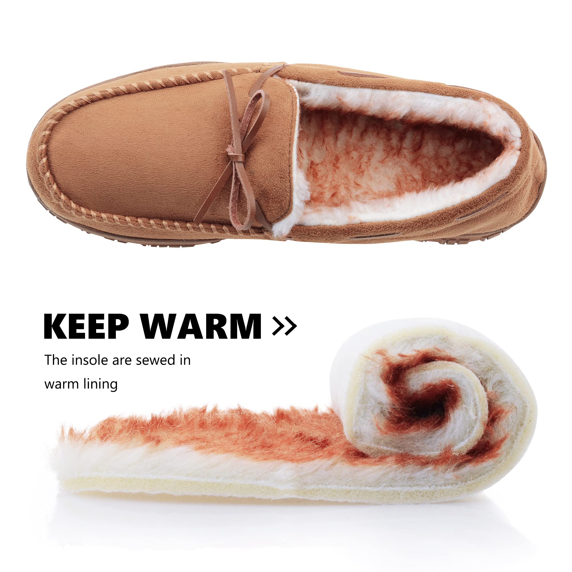 VLLy Slippers for Men Outdoor House Moccasins with Non-Slip Rubber Sole and Memory Foam Comfortable Insole Easy Wear Style Brown Size 11 US