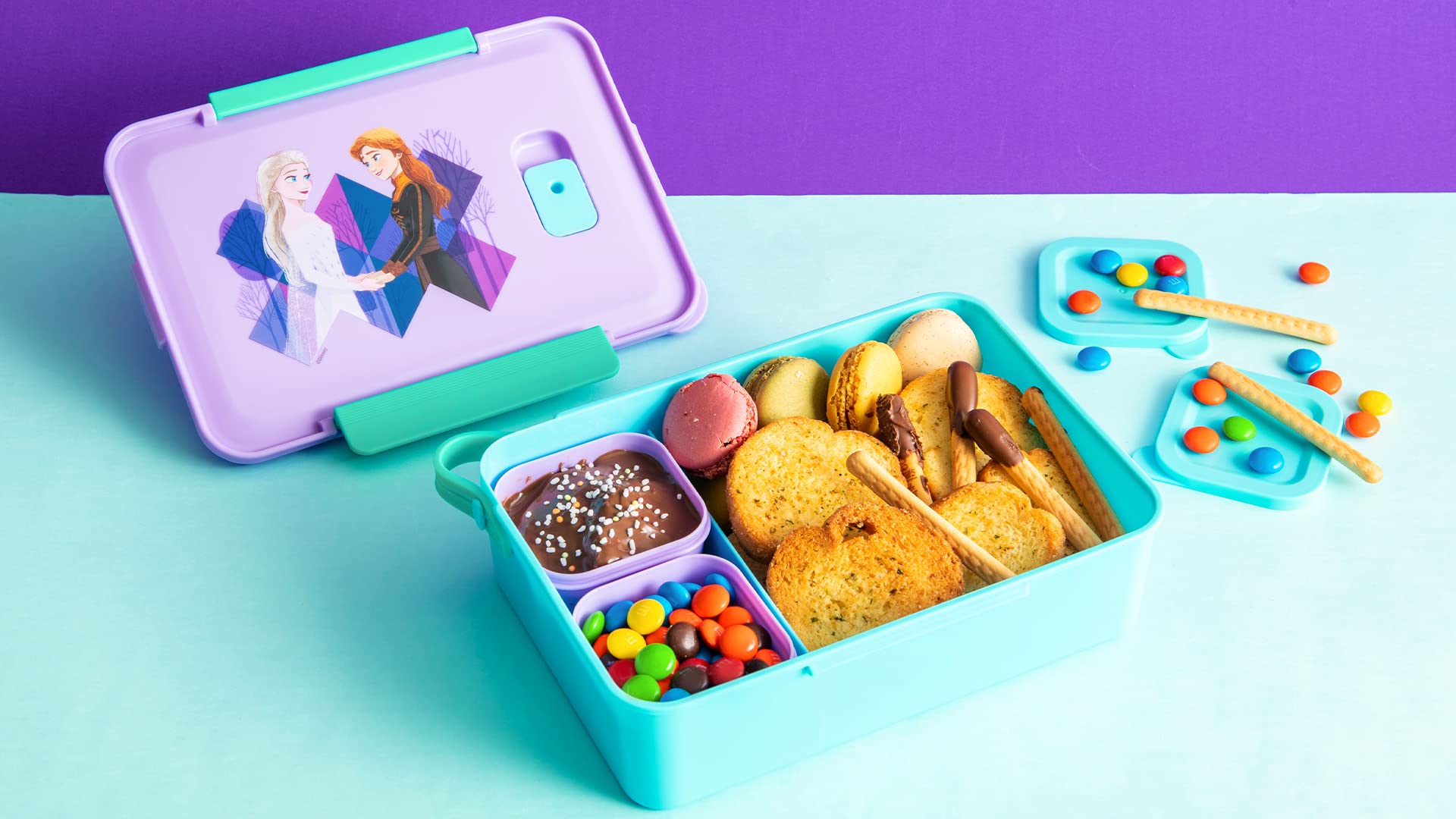 Zak Designs Disney Frozen 2 Reusable Plastic Bento Box with Leak-Proof Seal, Carrying Handle, Microwave Steam Vent, and Individual Containers for Kids' Packed Lunch (3 PCs Set, Anna & Elsa)