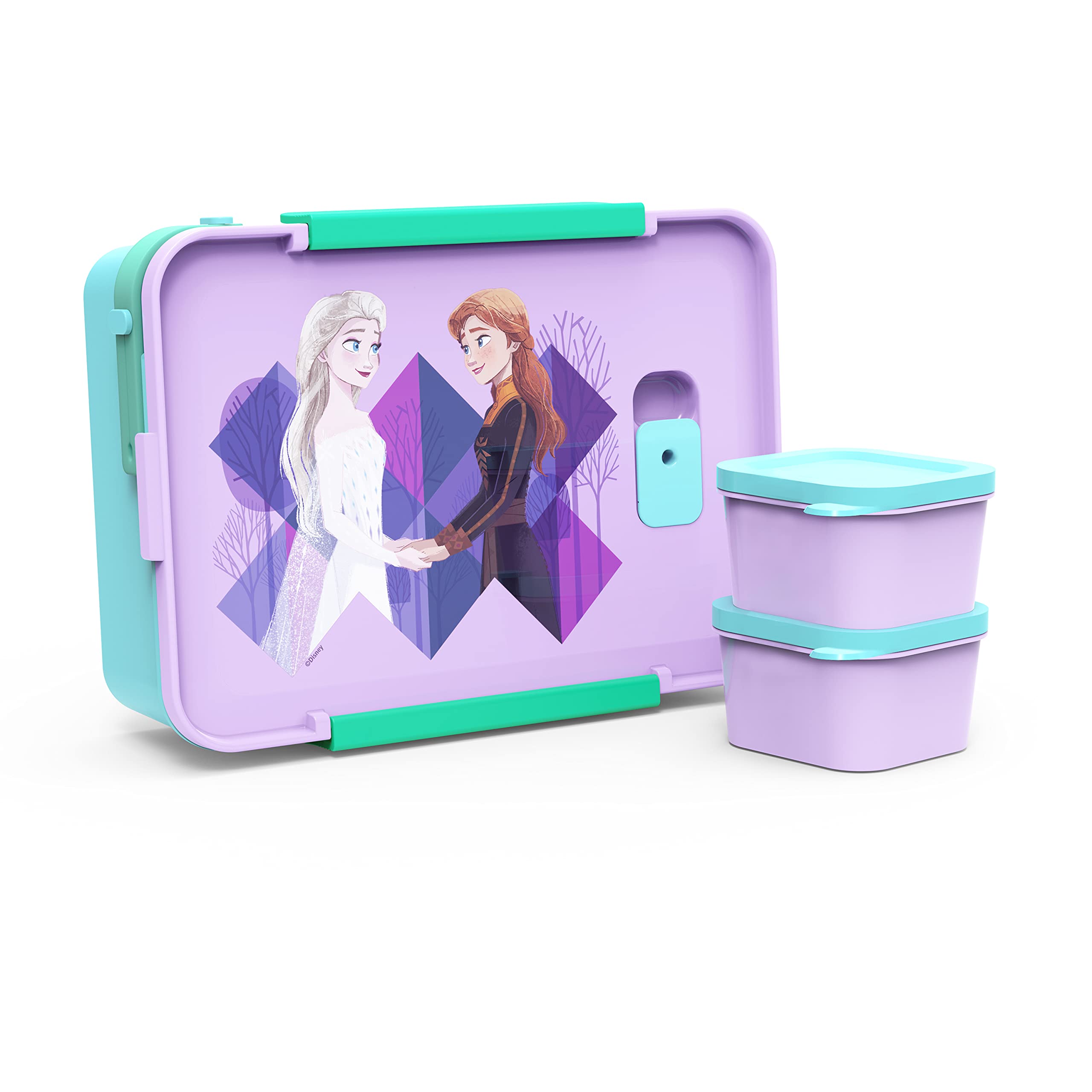 Zak Designs Disney Frozen 2 Reusable Plastic Bento Box with Leak-Proof Seal, Carrying Handle, Microwave Steam Vent, and Individual Containers for Kids' Packed Lunch (3 PCs Set, Anna & Elsa)
