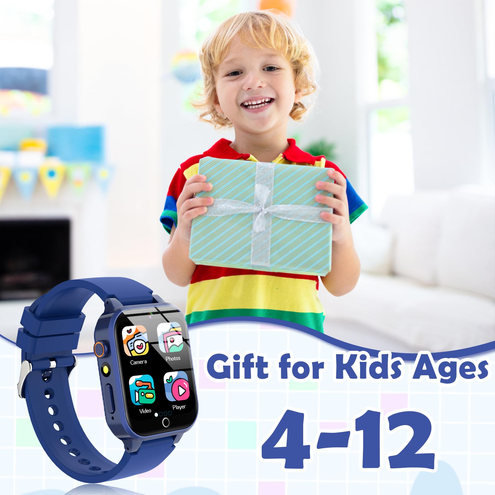 Luyiilo Smart Watch for Kids, with 26 Puzzle Games, Touch Screen, HD Camera, Alarm Clock, Toys for Ages 4-12 Years Old.Birthday Gift for Boys Girls (Blue)