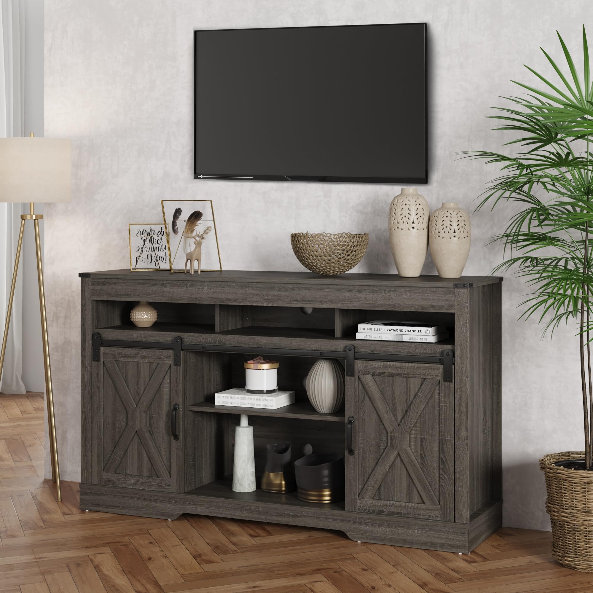 HEYNEMO Modern Farmhouse TV Stand for Televisions up to 65 Inch with Two Sliding Barn Doors and Storage Cabinets, Entertainment Center Console Table with Adjustable Shelves for Living Room Bedroom