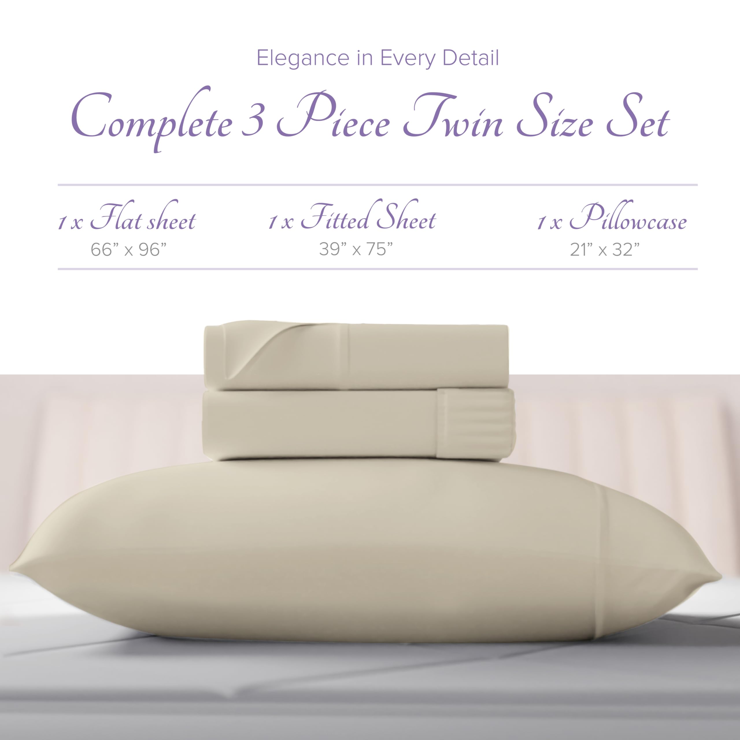 Carressa Linen 100% Egyptian Cotton Sheets - 600 Thread Count 3 PC Twin Size Sheet Set, Soft, Cooling, High Thread Count Sateen Weave, Extra Long Staple Luxury Bedding, 16 in Deep Pocket - Beach Sand