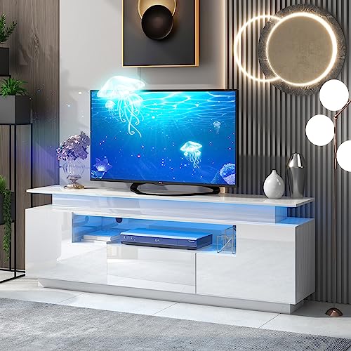 Modern LED TV Stand for 75 inch TV, White Entertainment Center with LED Lights and 4 Storage Cabinets, High Gloss Media TV Console with Drawer for Living Room, Bedroom