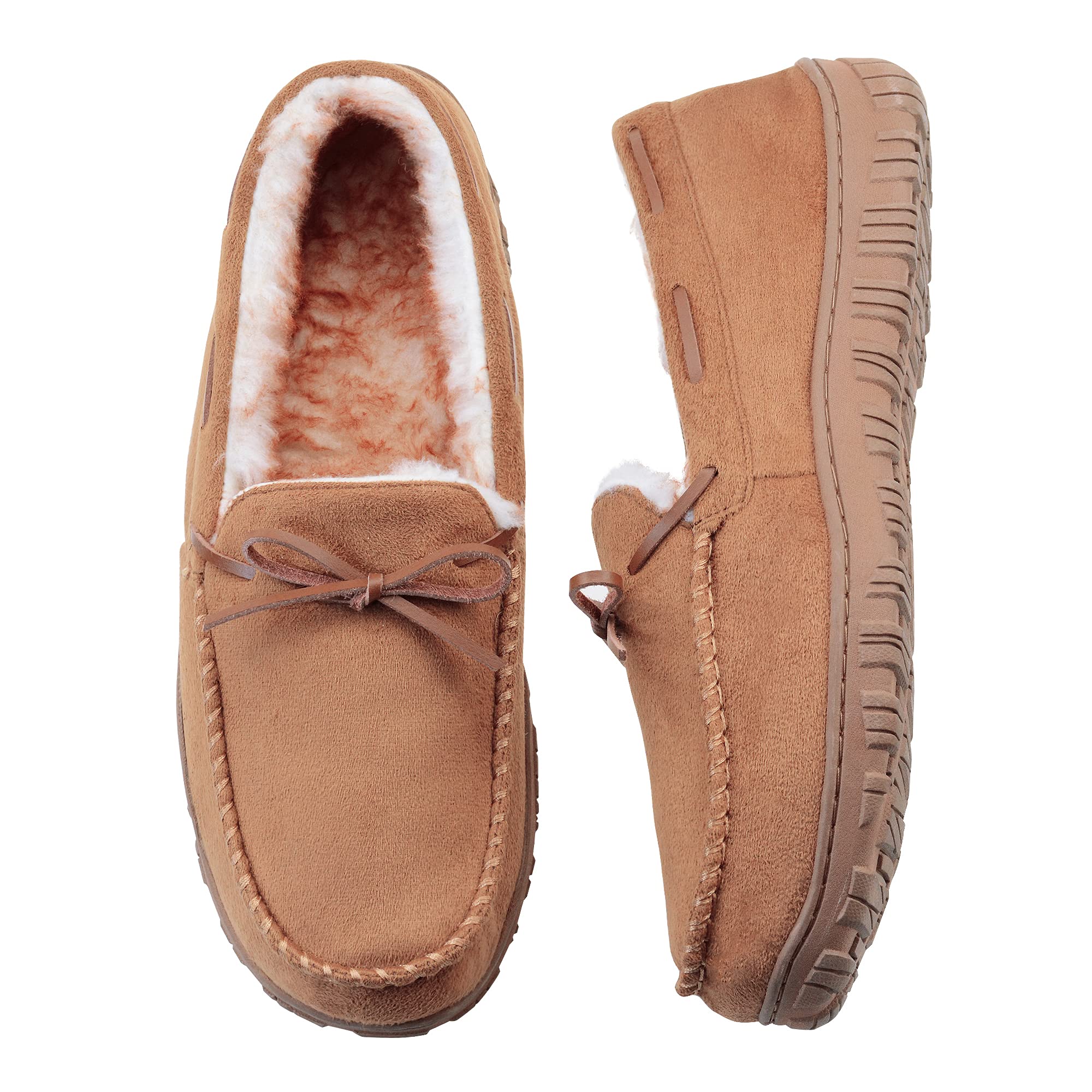 VLLy Slippers for Men Outdoor House Moccasins with Non-Slip Rubber Sole and Memory Foam Comfortable Insole Easy Wear Style Brown Size 11 US