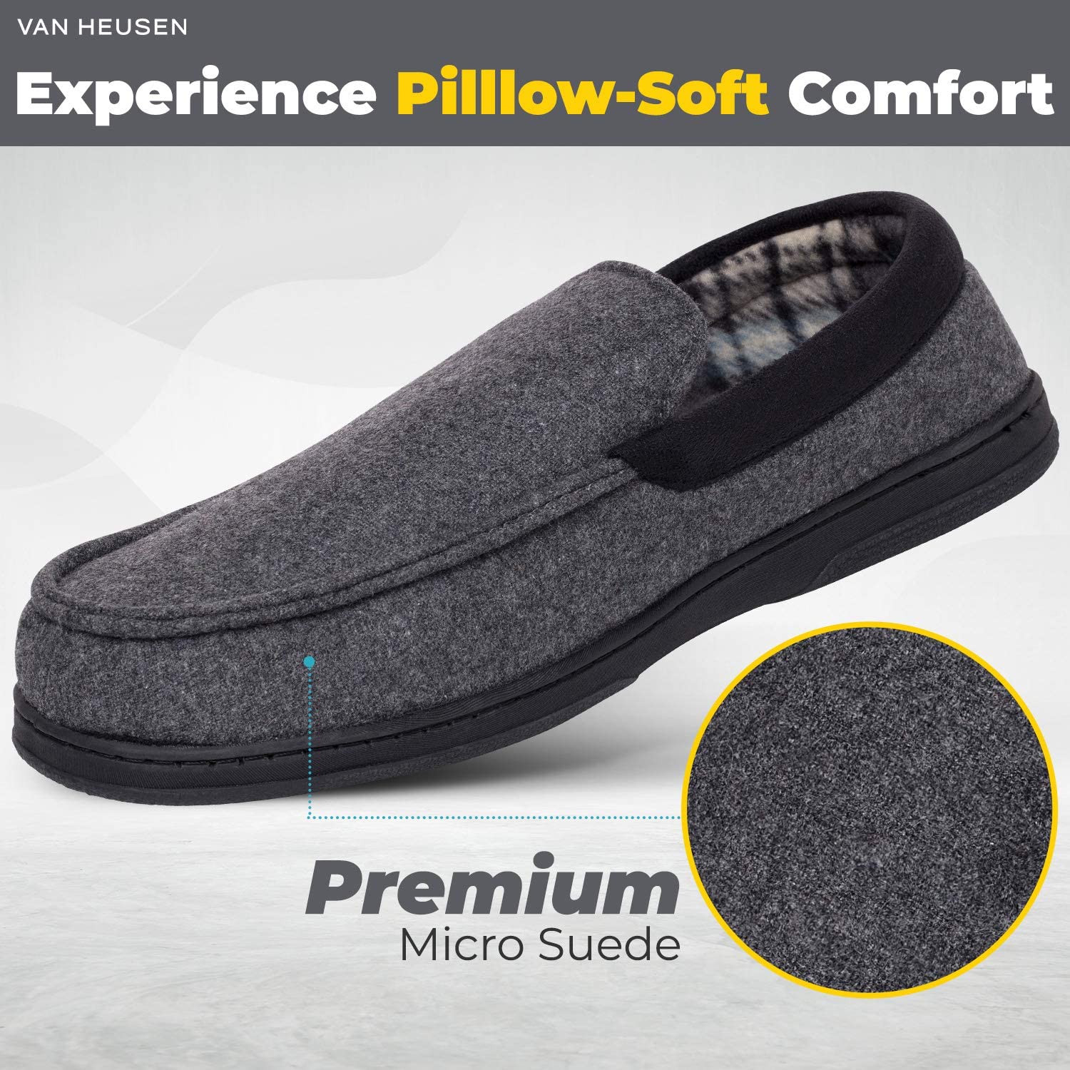 Van Heusen Mens Slippers Comfy Slip-on Micro Suede House with Softflannel Lining Moccasin, Grey, Medium