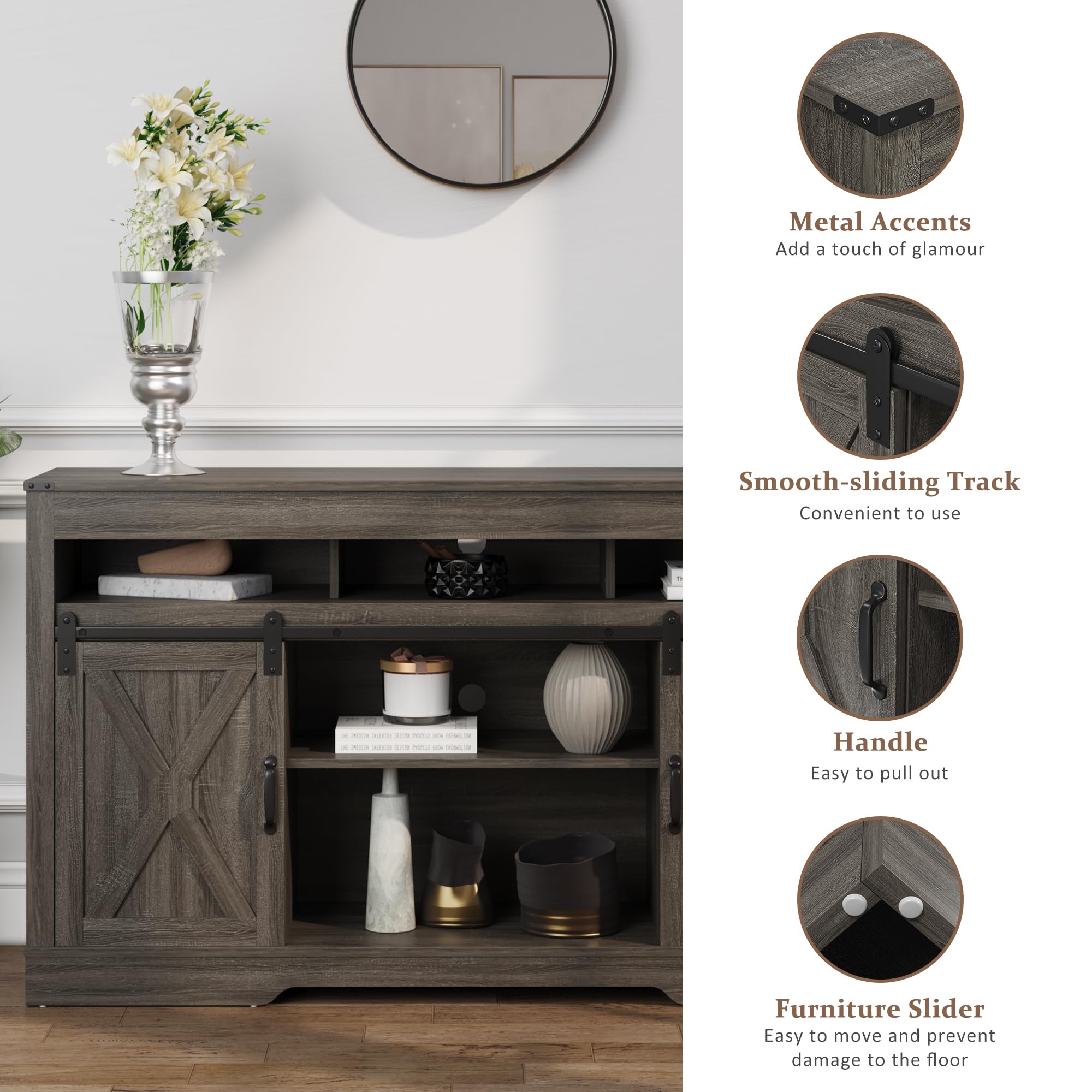 HEYNEMO Modern Farmhouse TV Stand for Televisions up to 65 Inch with Two Sliding Barn Doors and Storage Cabinets, Entertainment Center Console Table with Adjustable Shelves for Living Room Bedroom