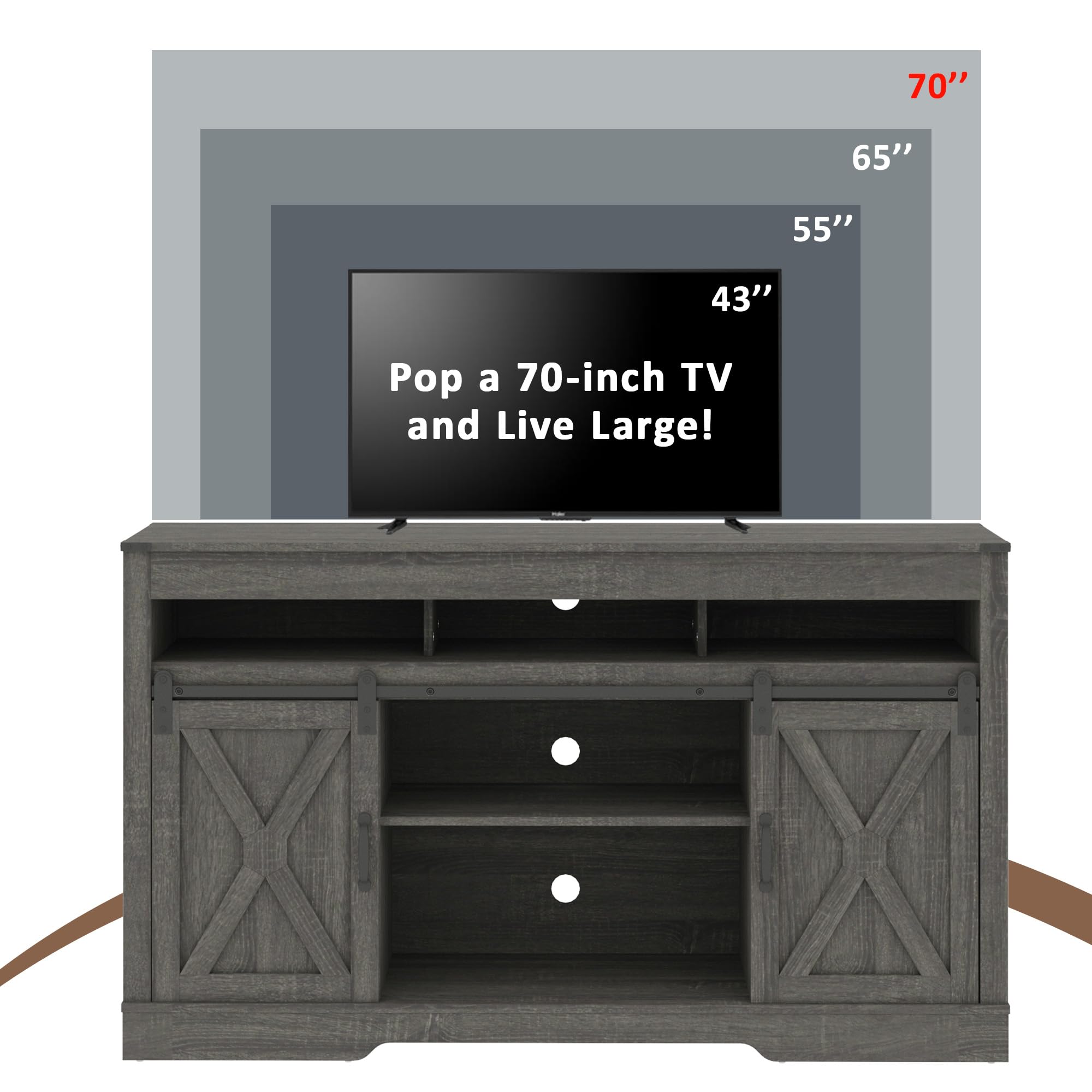 HEYNEMO Modern Farmhouse TV Stand for Televisions up to 65 Inch with Two Sliding Barn Doors and Storage Cabinets, Entertainment Center Console Table with Adjustable Shelves for Living Room Bedroom