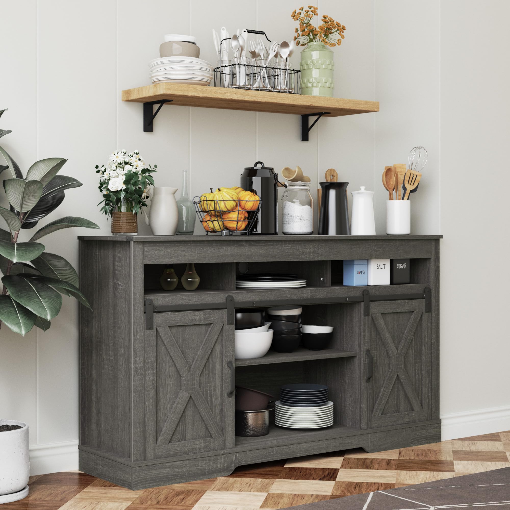 HEYNEMO Modern Farmhouse TV Stand for Televisions up to 65 Inch with Two Sliding Barn Doors and Storage Cabinets, Entertainment Center Console Table with Adjustable Shelves for Living Room Bedroom
